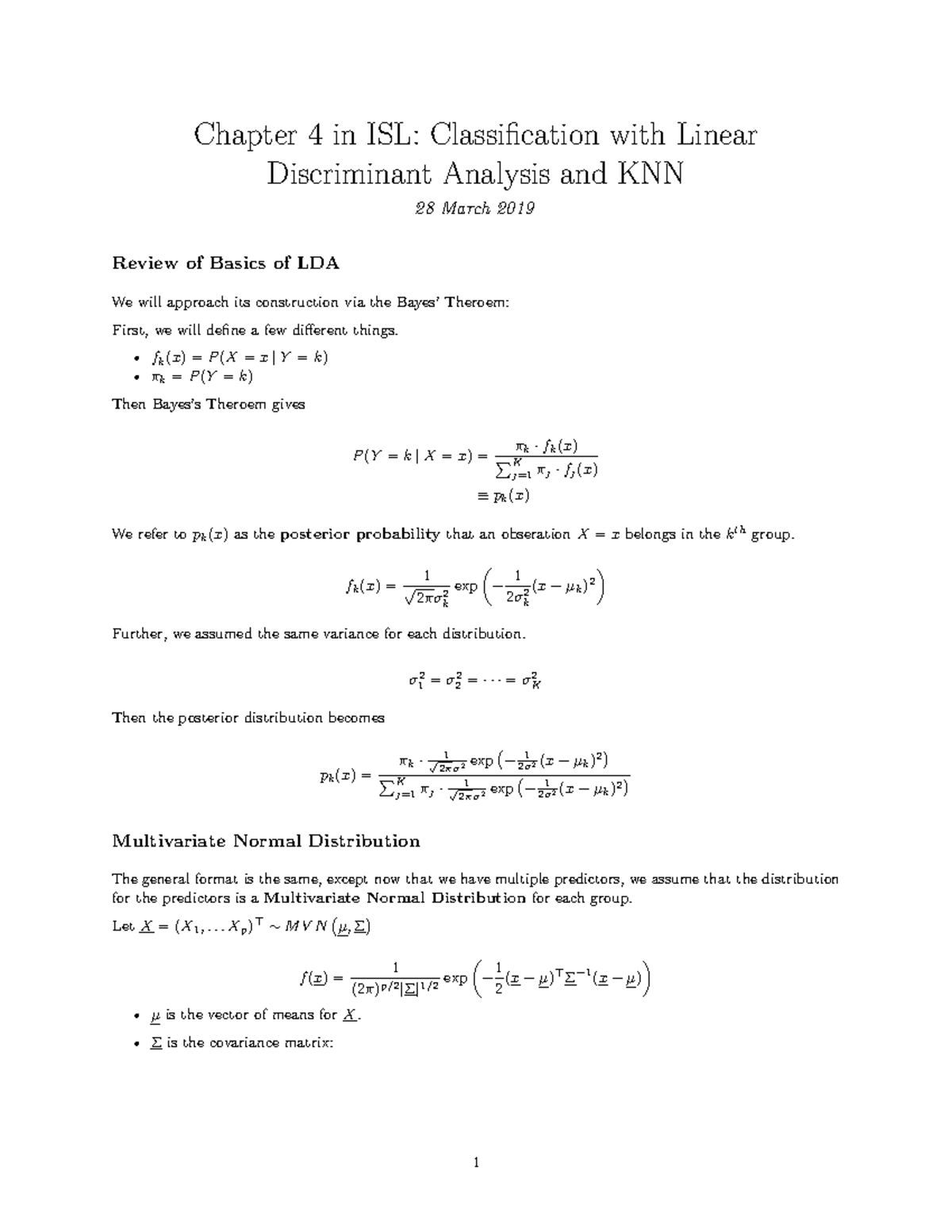 Lec13 Lecture Notes On Stats Modeling Chapter 4 In Isl
