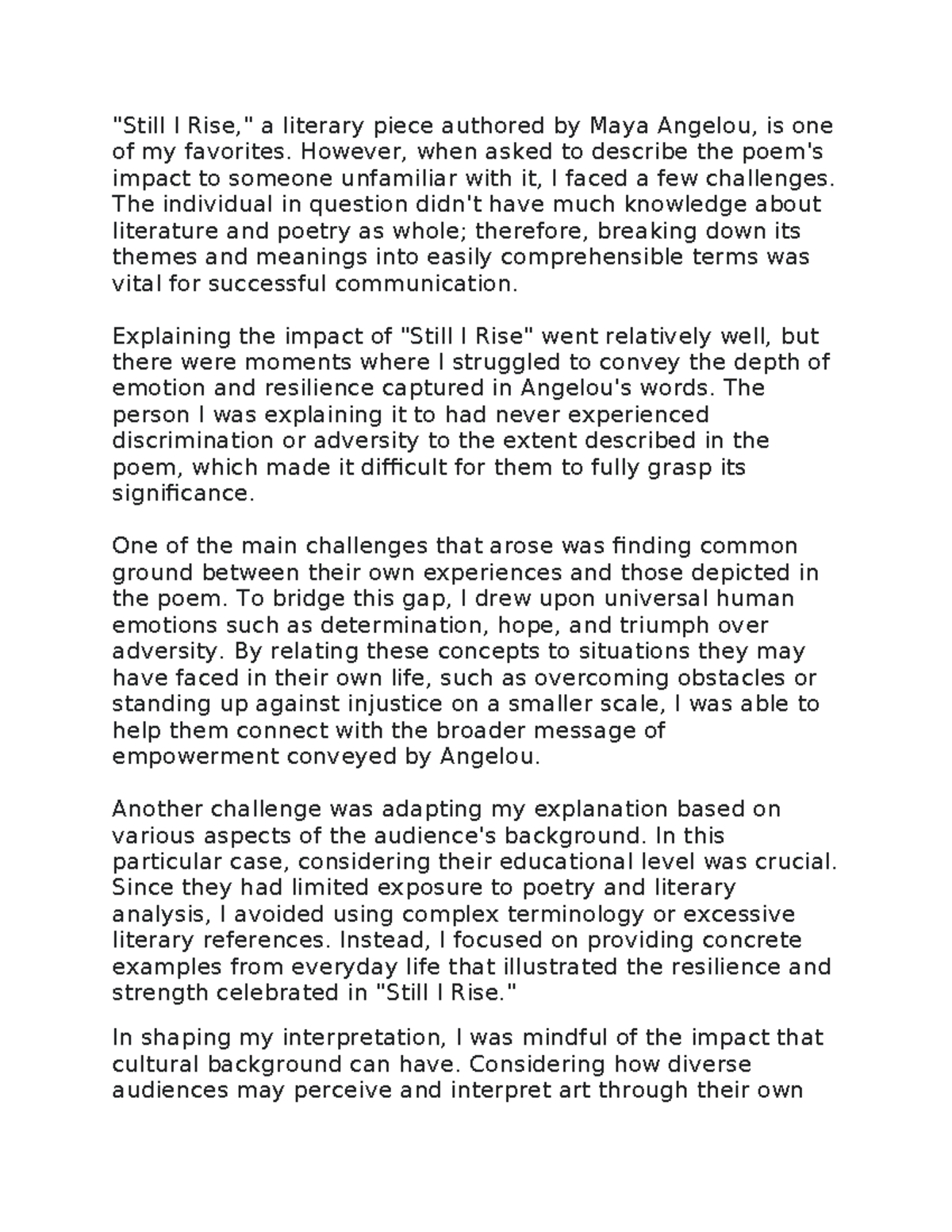 Discussion 5 applied humanities - "Still I Rise," a literary piece ...