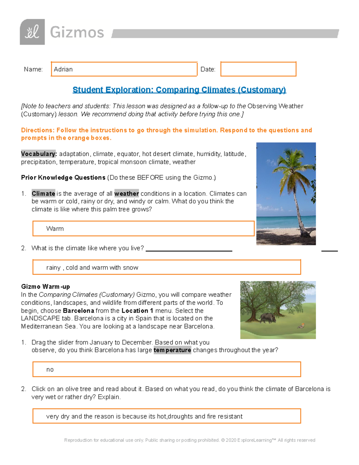 Copy of Comparing Climates CSE - Name: Adrian Date: Student Exploration ...
