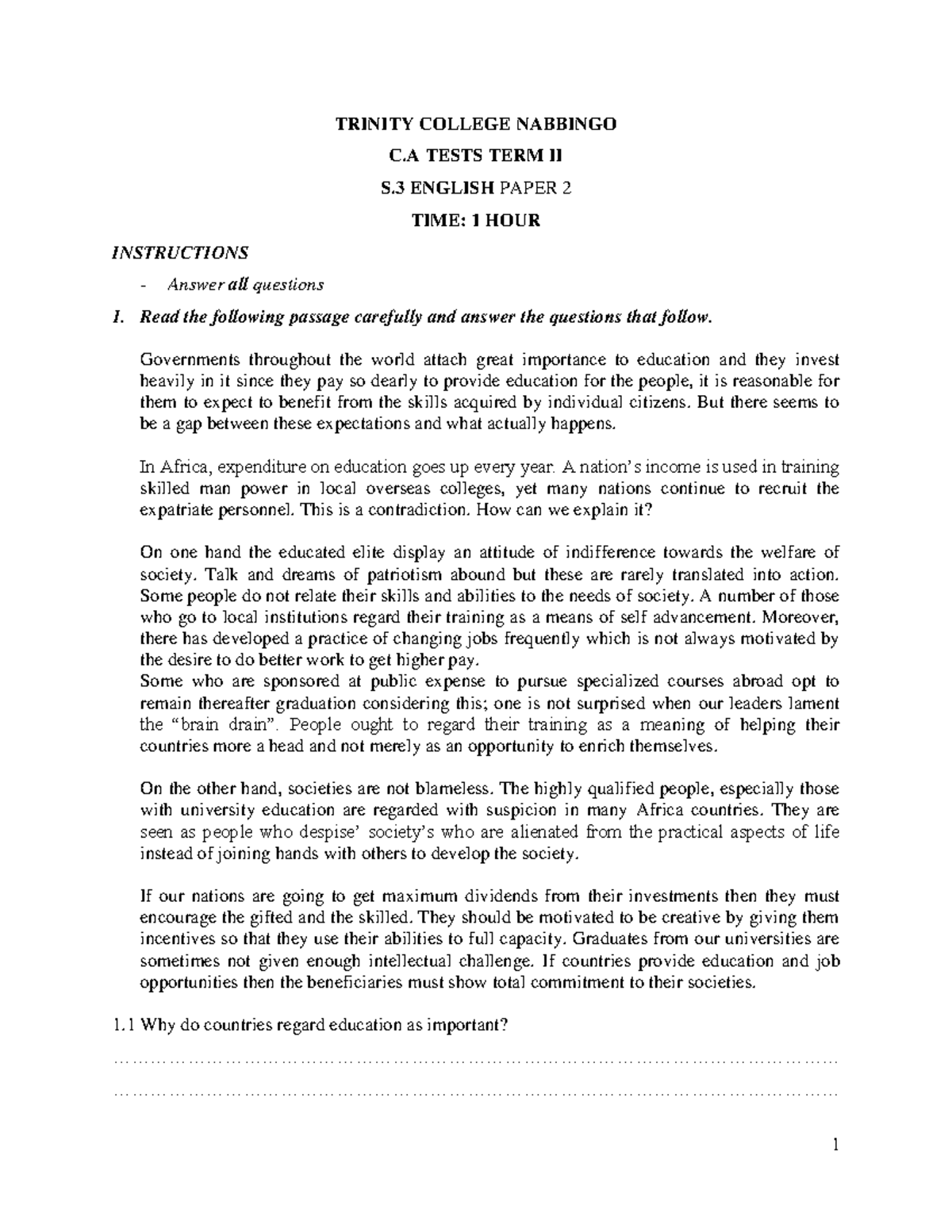 S3 English Paper 2 TEST TERM 2 - TRINITY COLLEGE NABBINGO C TESTS TERM ...