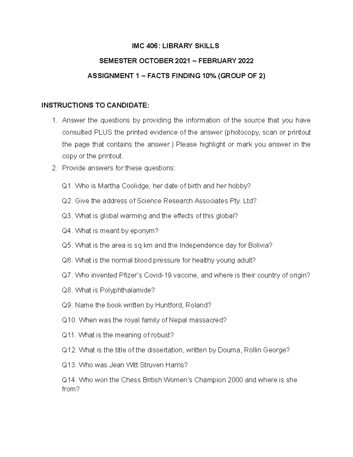 IMC406 Assignment 1 Facts Findings docx - IMC 406: LIBRARY SKILLS SEMESTER OCTOBER 2021 ...