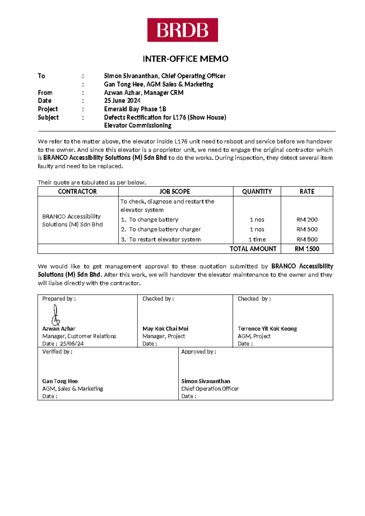 Memo L176 Lift Commissioning - INTER-OFFICE MEMO To : Simon Sivananthan ...