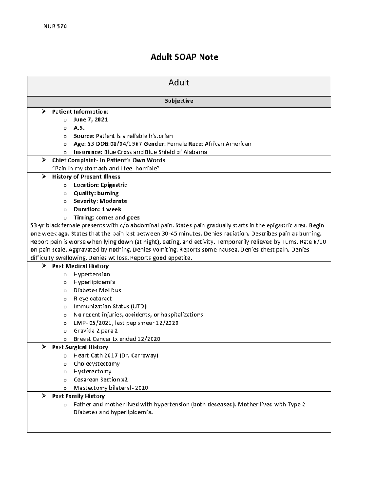 Soapnote - Soap Note Sample - Adult SOAP Note Adult Subjective Patient ...