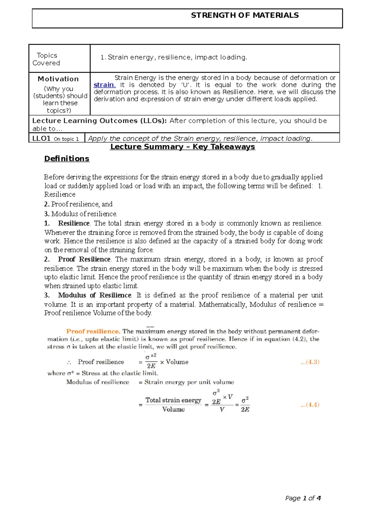 Strain energy, resilience, impact loading - Topics Covered 1. Strain ...