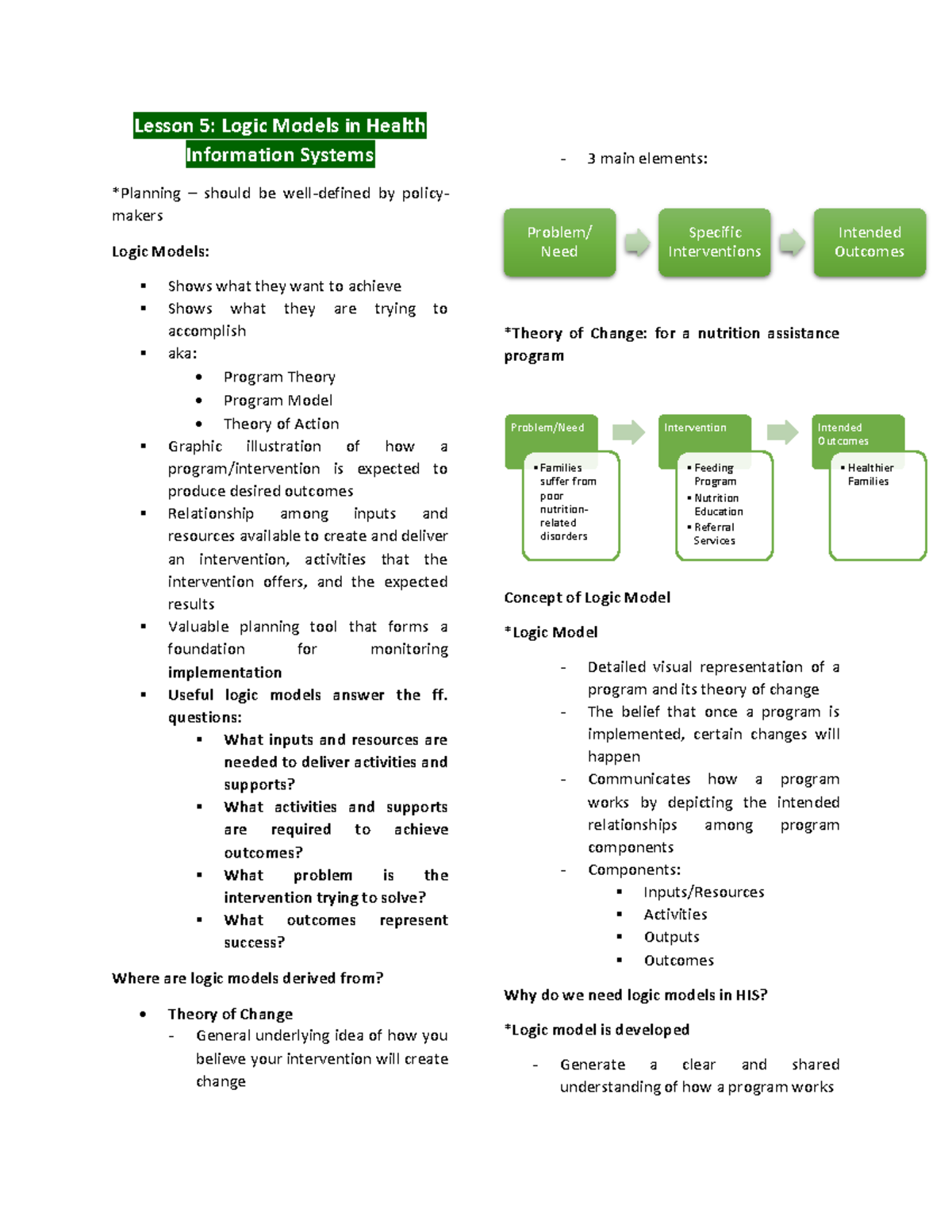 5- Notes - Logic Models IN HIS - Lesson 5: Logic Models in Health ...