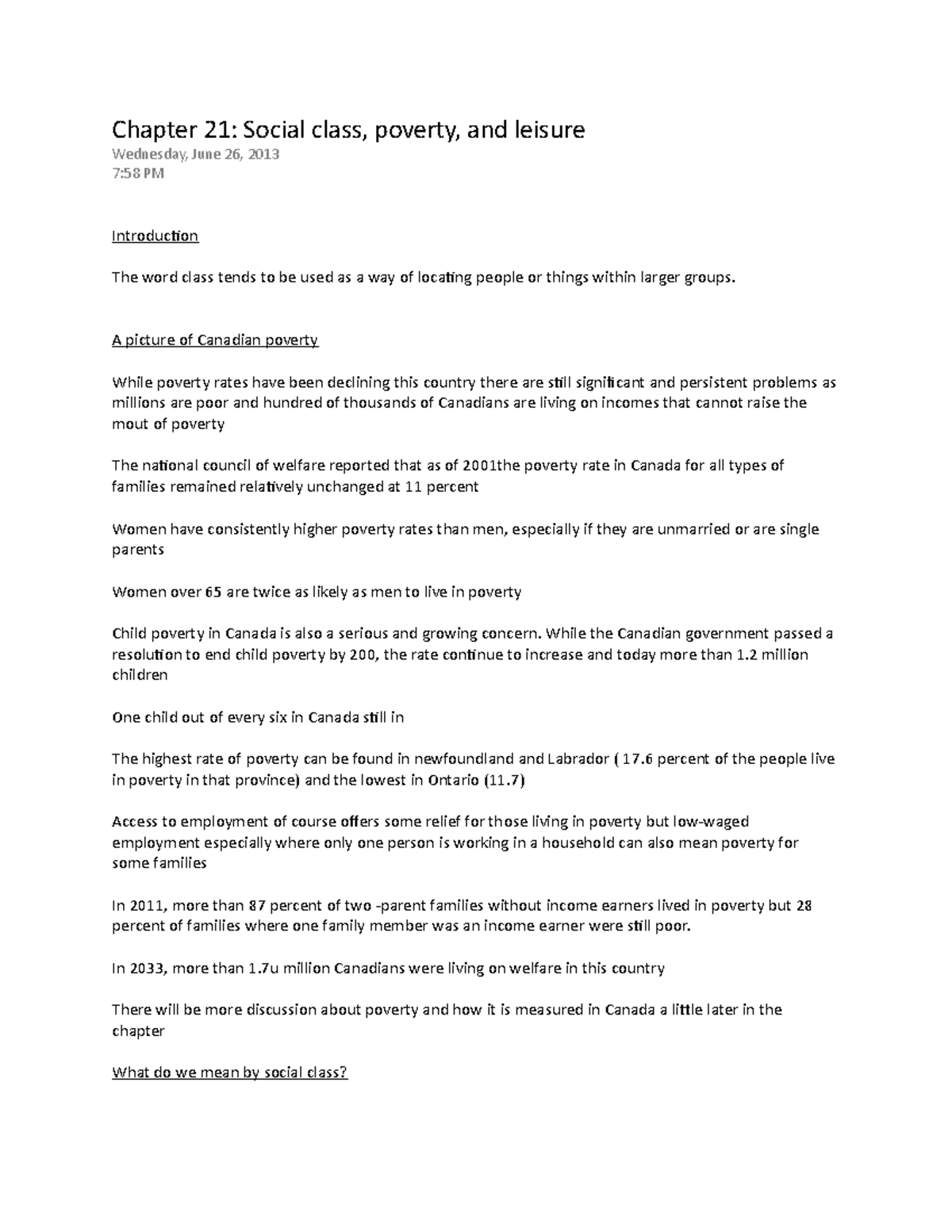 Chapter 21 Social class, poverty, and leisure - Chapter 21: Social ...