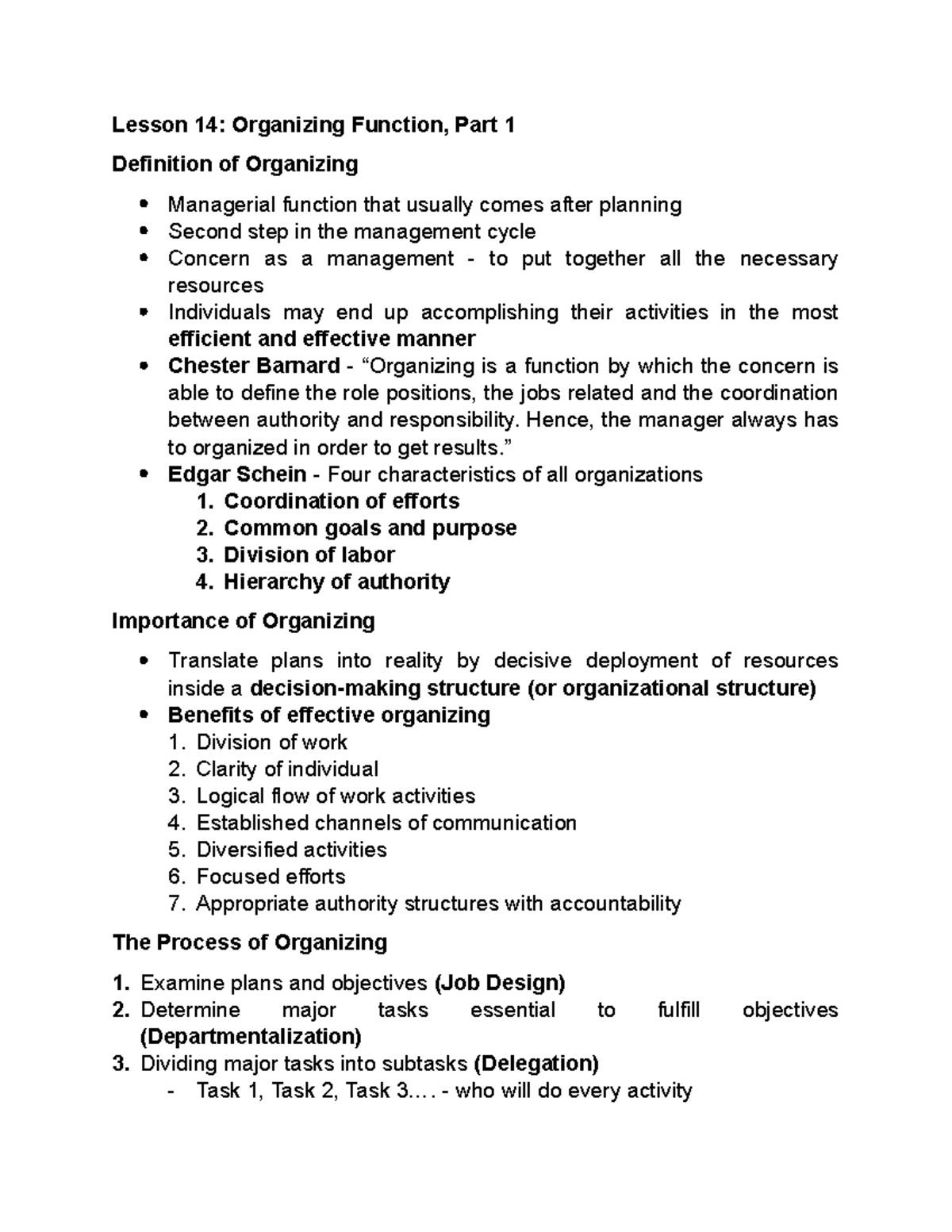 BAM 191 Lesson 14 - Lesson 14: Organizing Function, Part 1 Definition of Organizing Managerial ...