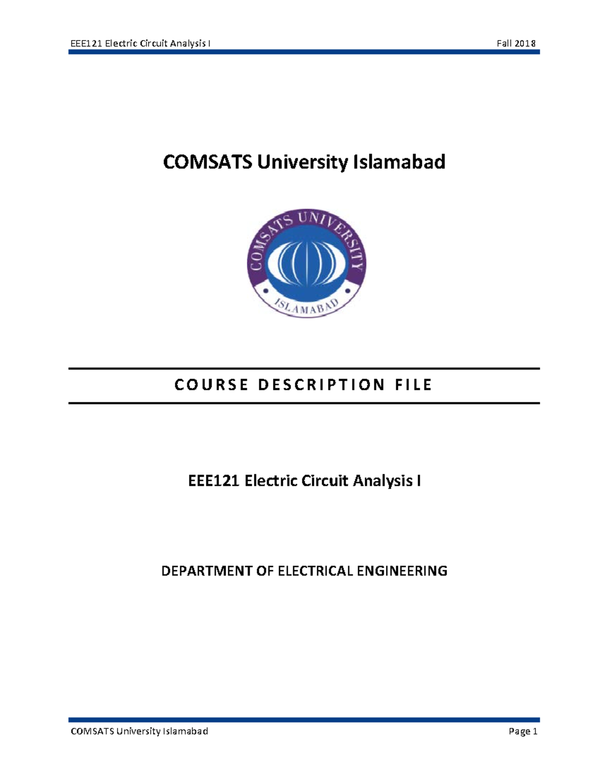 EEE121 Electric Circuits Analysis I (Evaluation) (Fall 18) - COMSATS ...