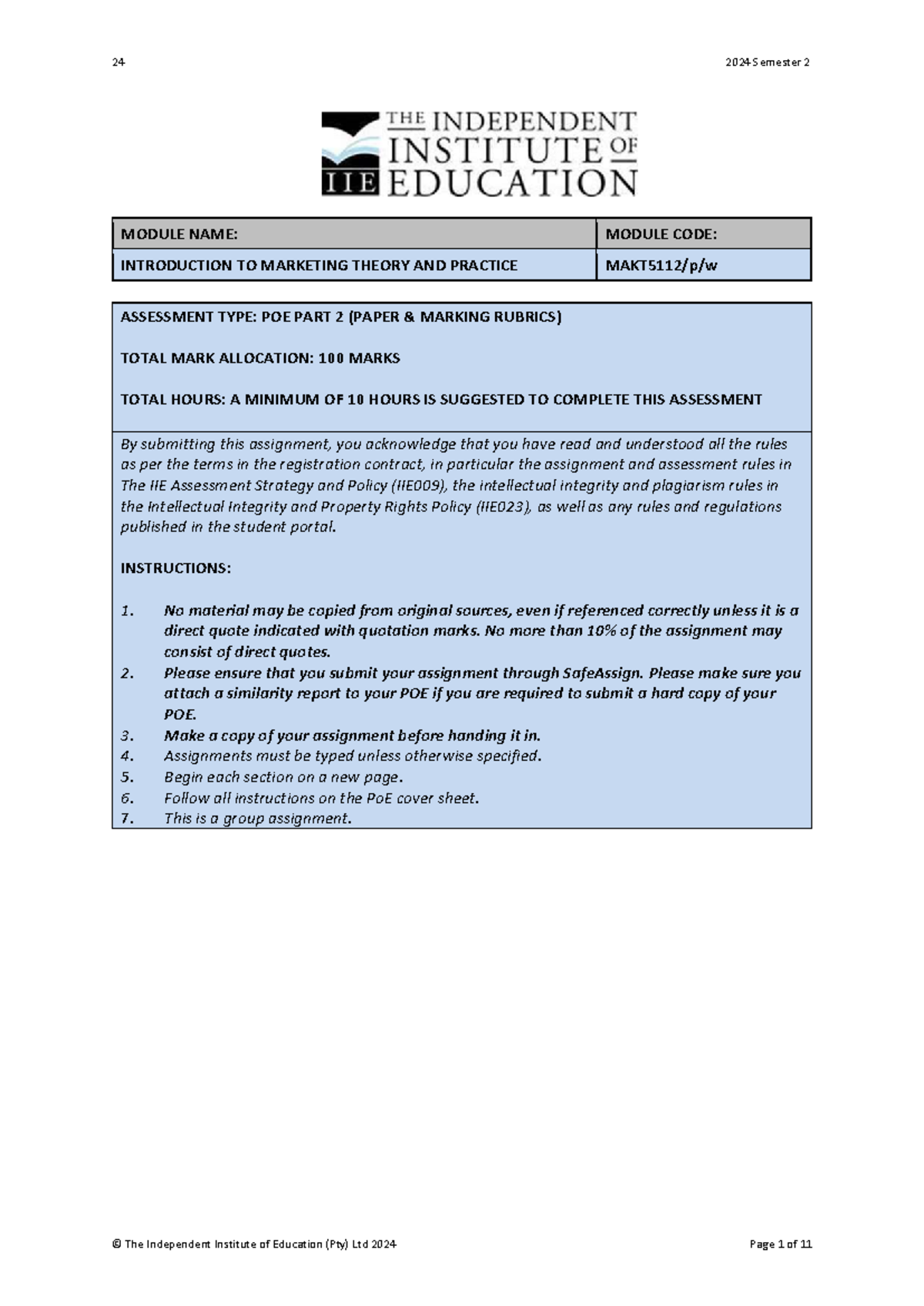 POE2 - POE - MODULE NAME: MODULE CODE: INTRODUCTION TO MARKETING THEORY ...