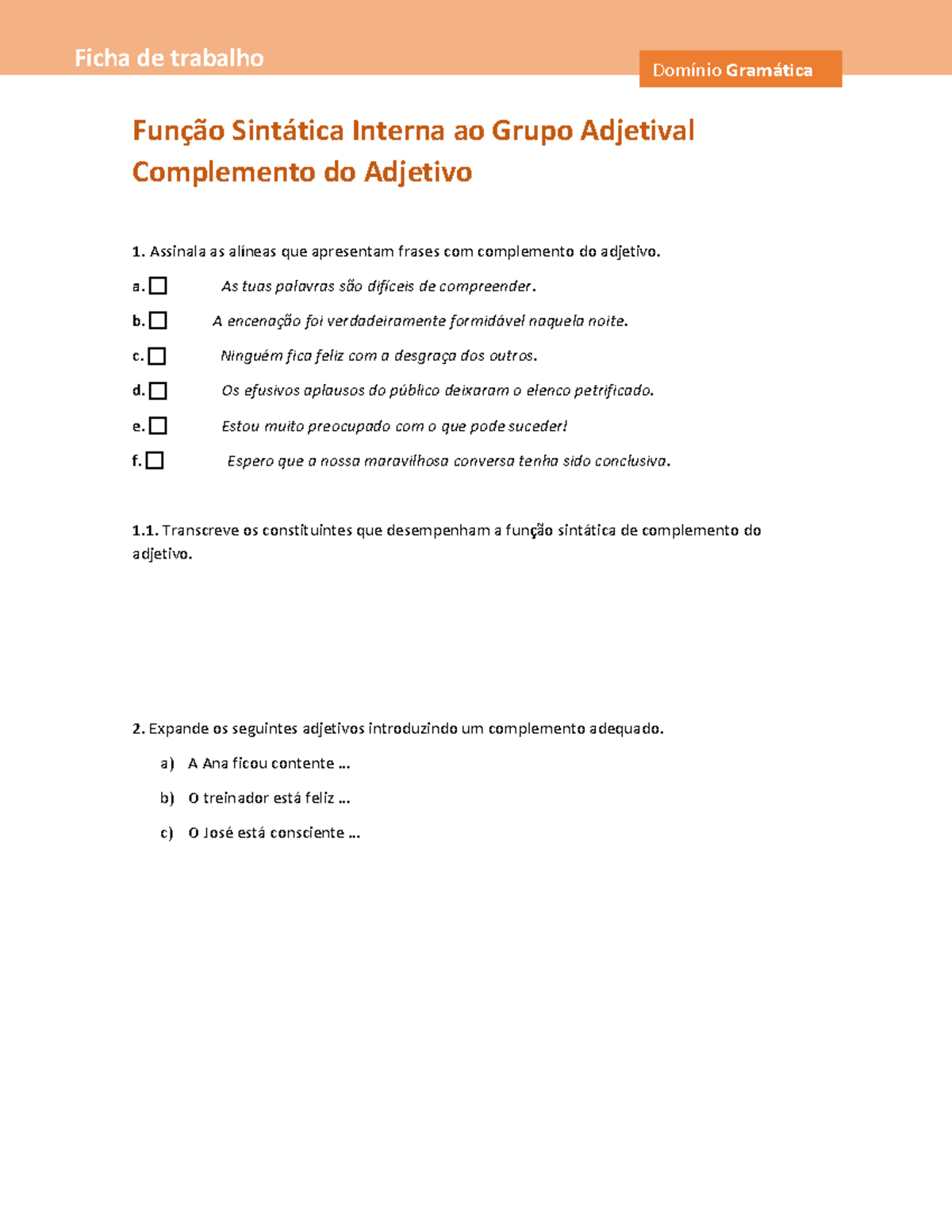 Ficha 2 - português ficha trabalho teste - Função Sintática Interna ao ...