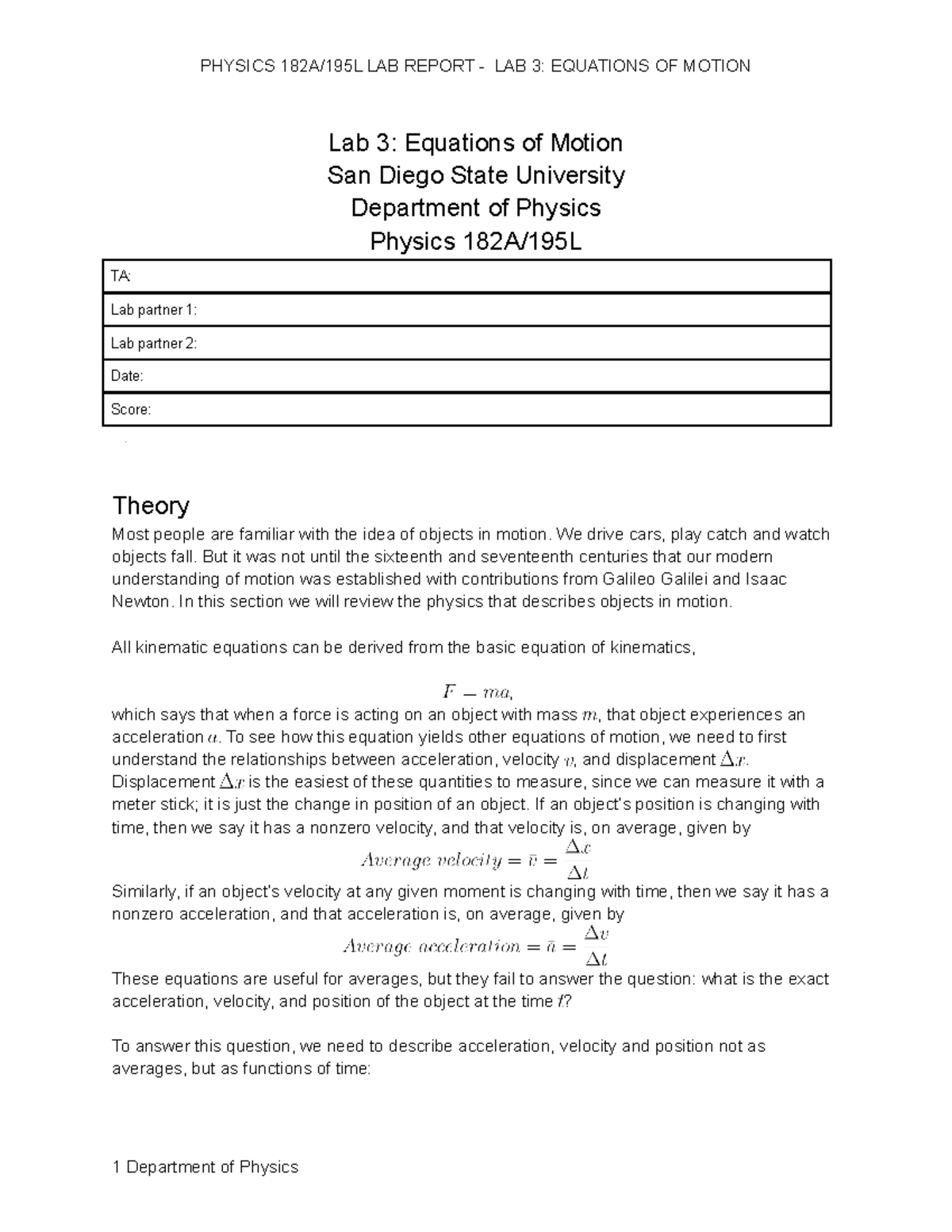 Lab 3 Equations of Motion - PHYSICS 182A/195L LAB REPORT - LAB 3 ...