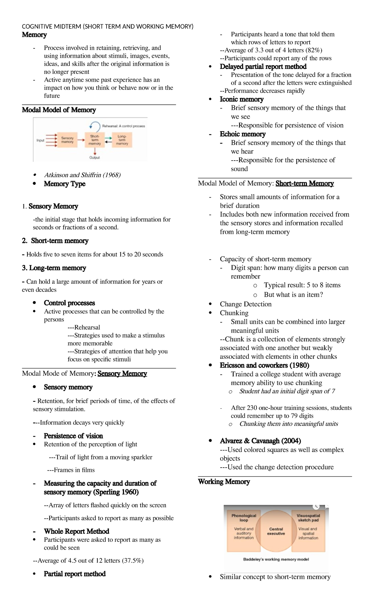 Memory - notes - COGNITIVE MIDTERM (SHORT TERM AND WORKING MEMORY ...