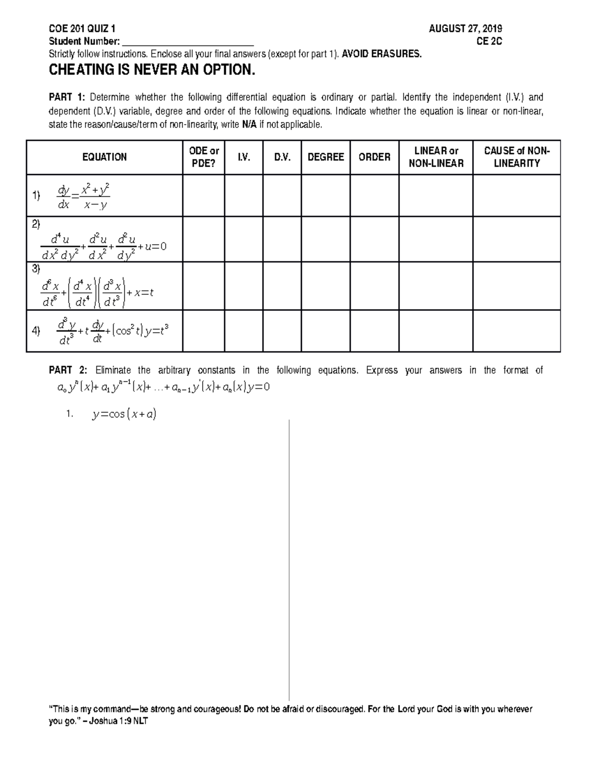 Quiz on Elimination of Arbitrary Constants - COE 201 QUIZ 1 AUGUST 27 ...