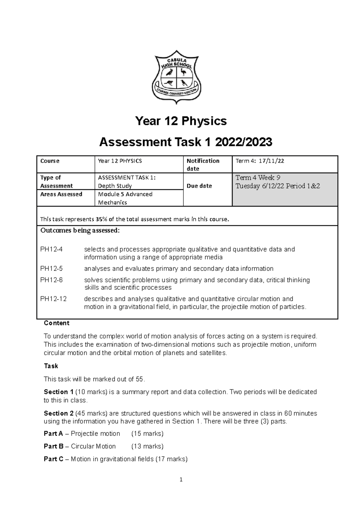 Task 1 Notification - n,a - Year 12 Physics Assessment Task 1 2022 ...