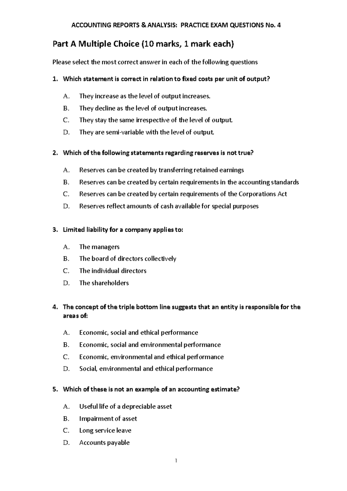 Exam 2014, questions - ACCOUNTING REPORTS & ANALYSIS: PRACTICE EXAM ...