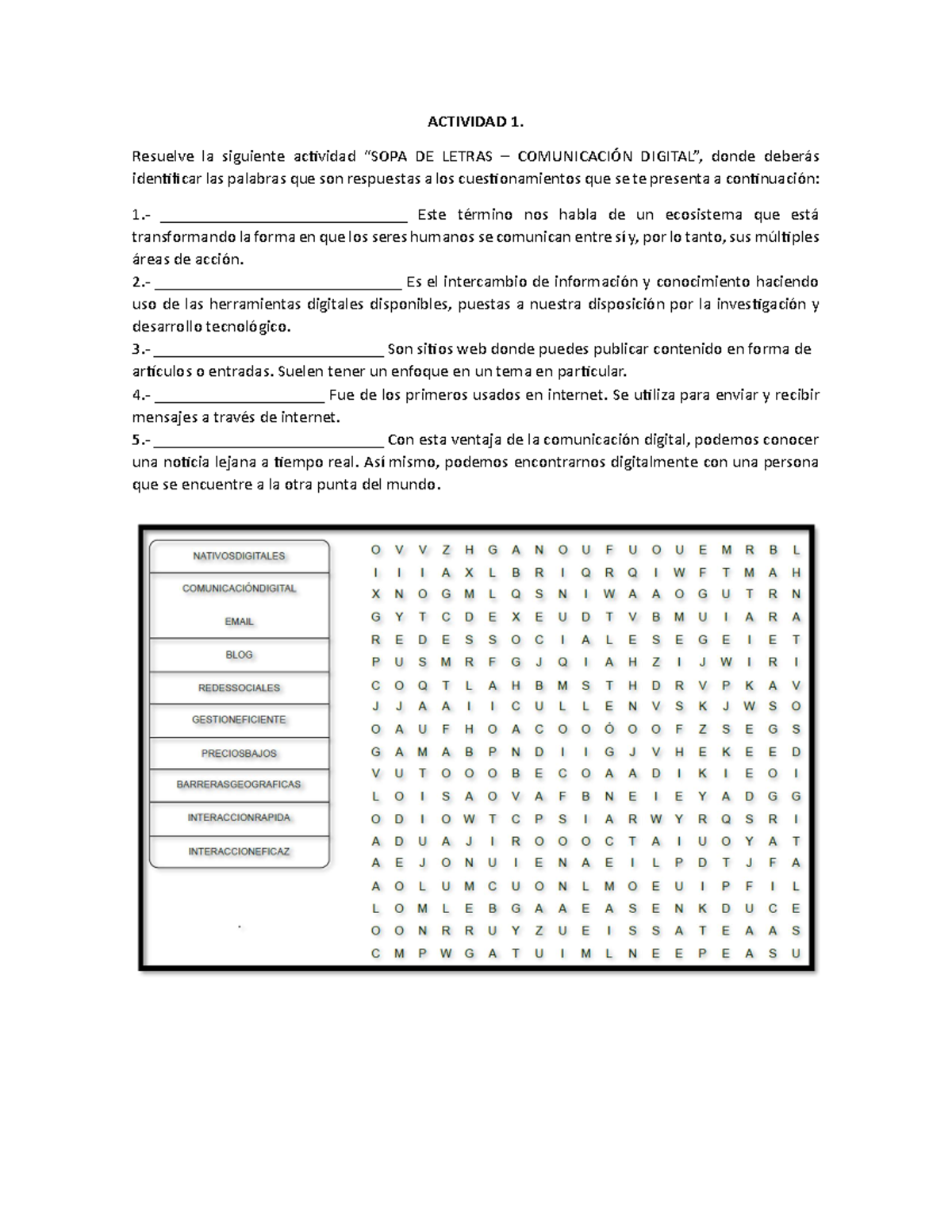 Crucigrama - ACTIVIDAD 1. Resuelve la siguiente acƟvidad “SOPA DE ...