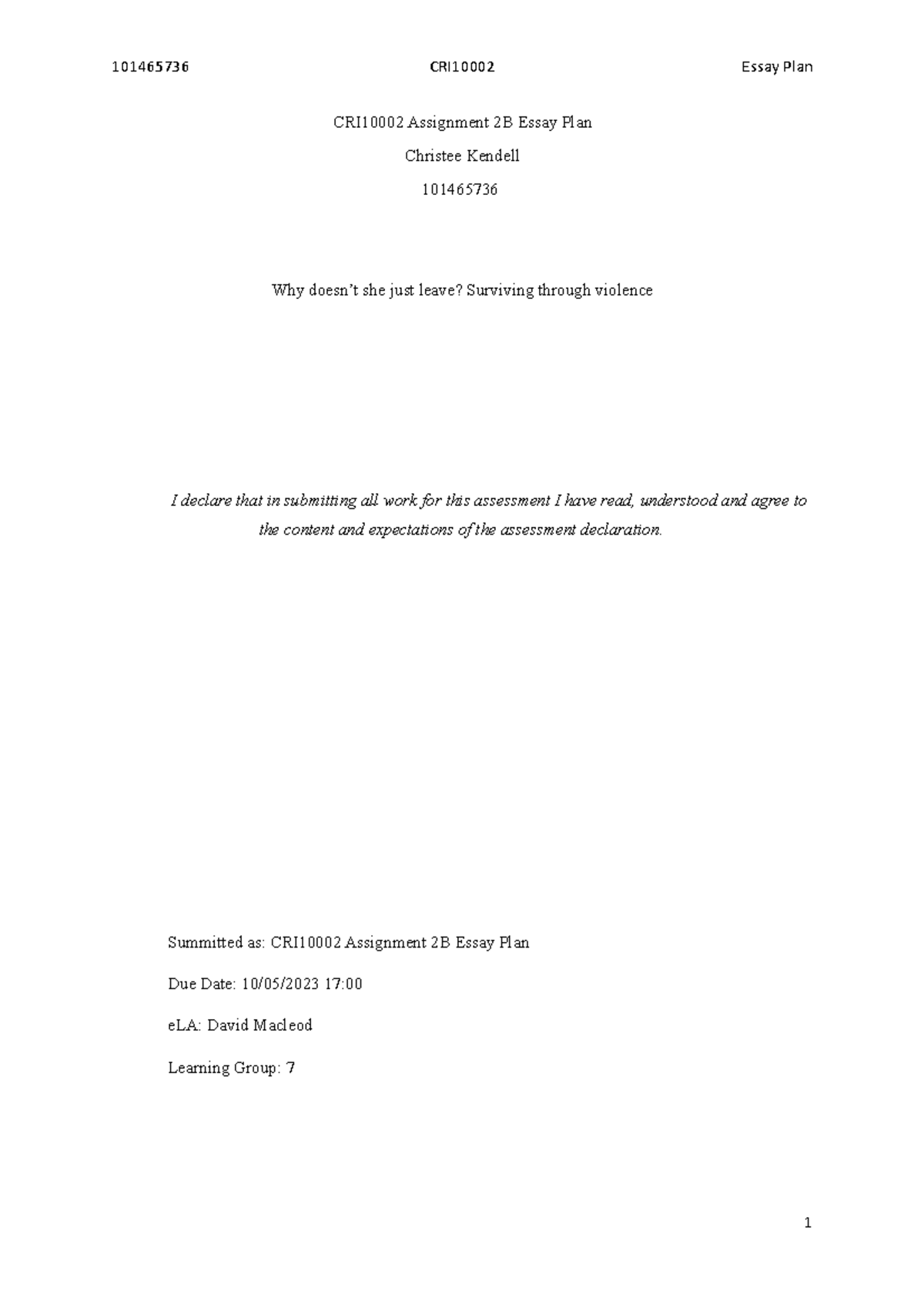 CRI10002 Assignment 2B Essay Plan - CRI10002 Assignment 2B Essay Plan ...