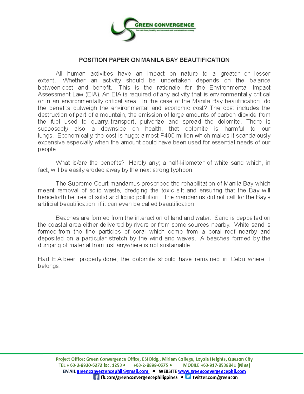 Postion Paper on Manila Bay Beautification - Project Office: Green ...