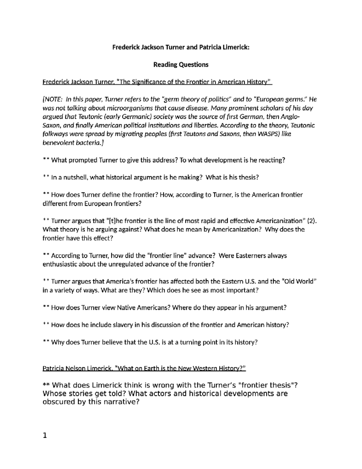 Reading Questions - Frederick Jackson Turner and Patricia Limerick ...