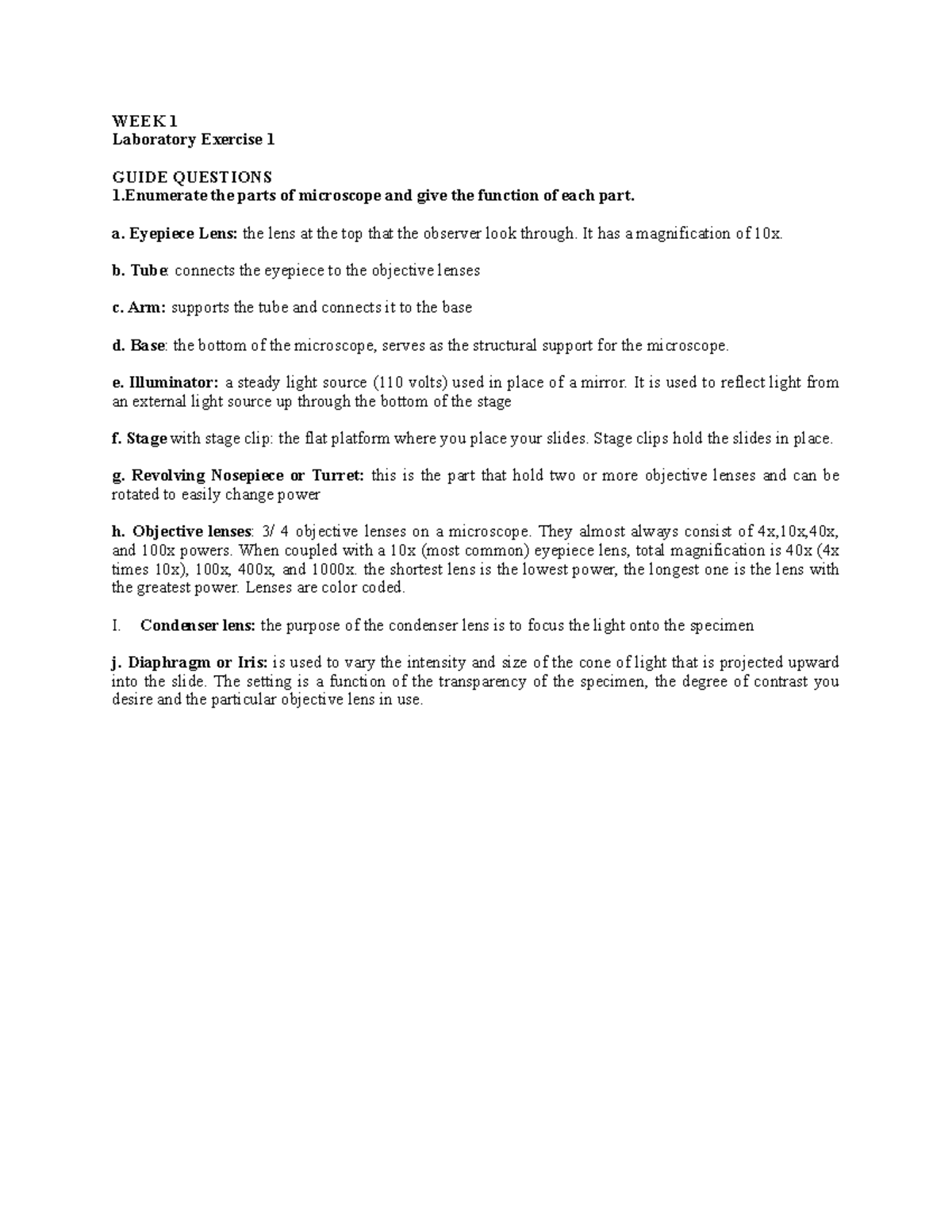 Microbiology- Laboratory Exercise on Microscope - WEEK 1 Laboratory Exercise 1 GUIDE QUESTIONS 1 ...