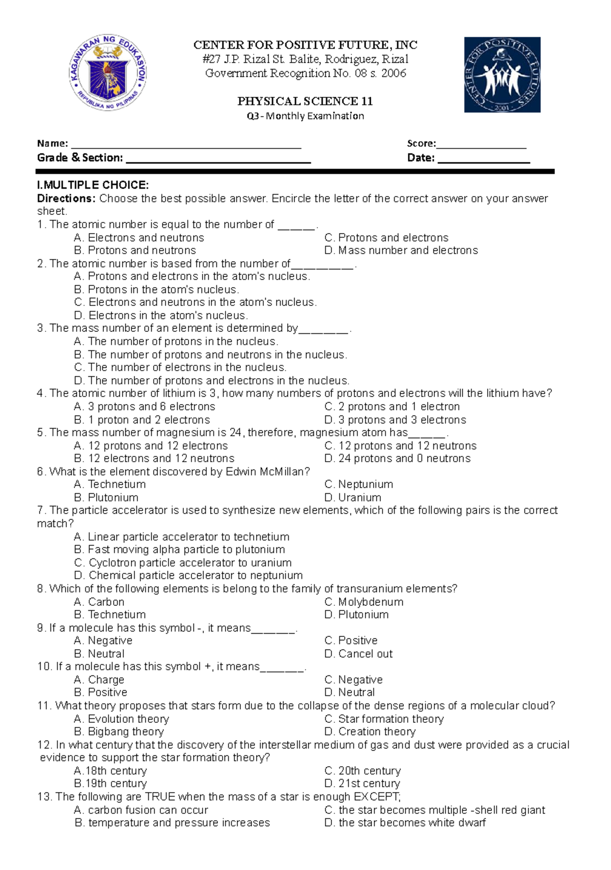 Physical Sci-11-Q3-M-E - CENTER FOR POSITIVE FUTURE, INC #27 J. Rizal ...