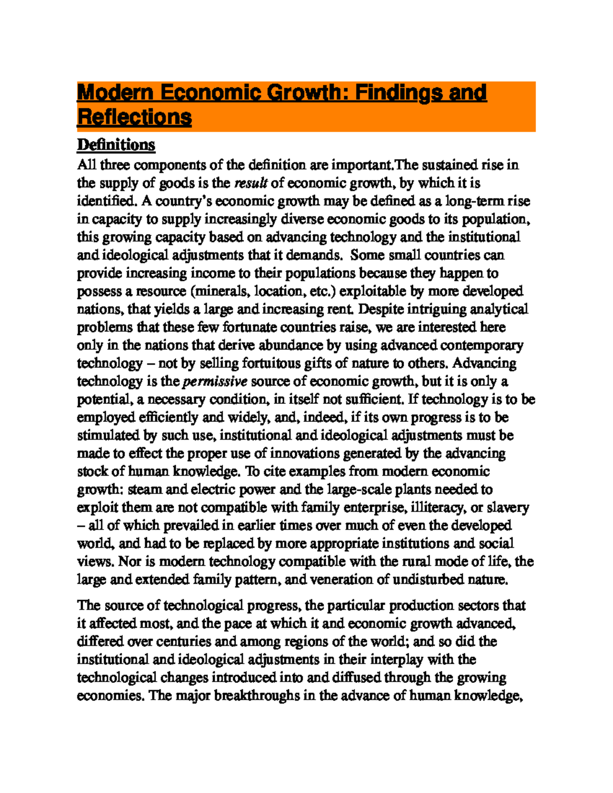 Modern Economic Growth - A country’s economic growth may be defined as ...