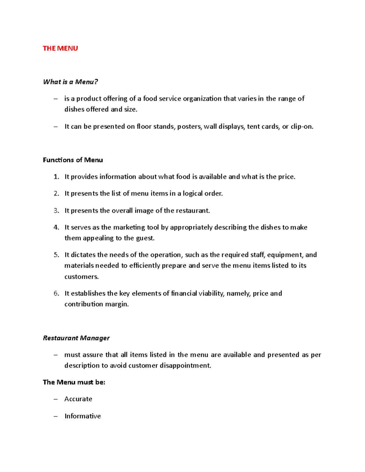 THE MENU - THE MENU - THE MENU What is a Menu? is a product offering of ...