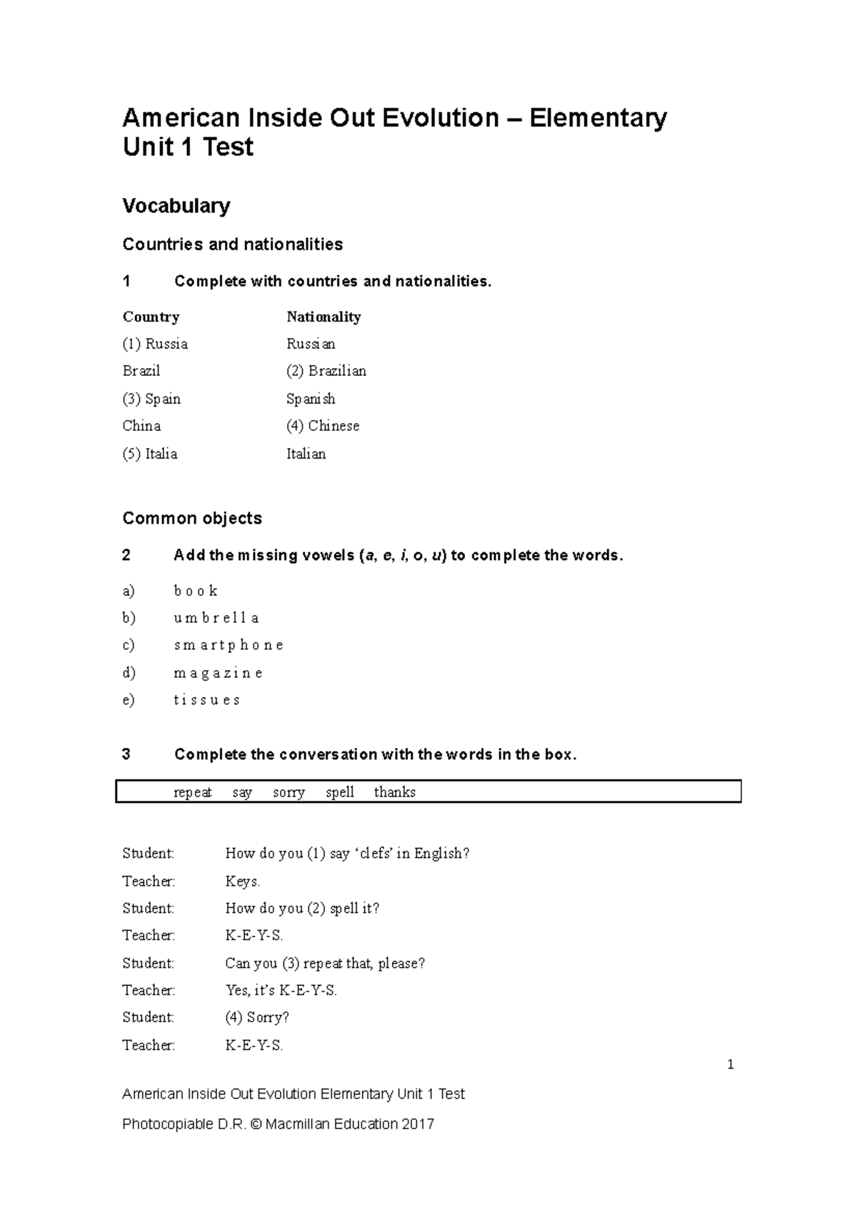 QUIZ 1 BASIC I - ENGLISH - American Inside Out Evolution – Elementary ...