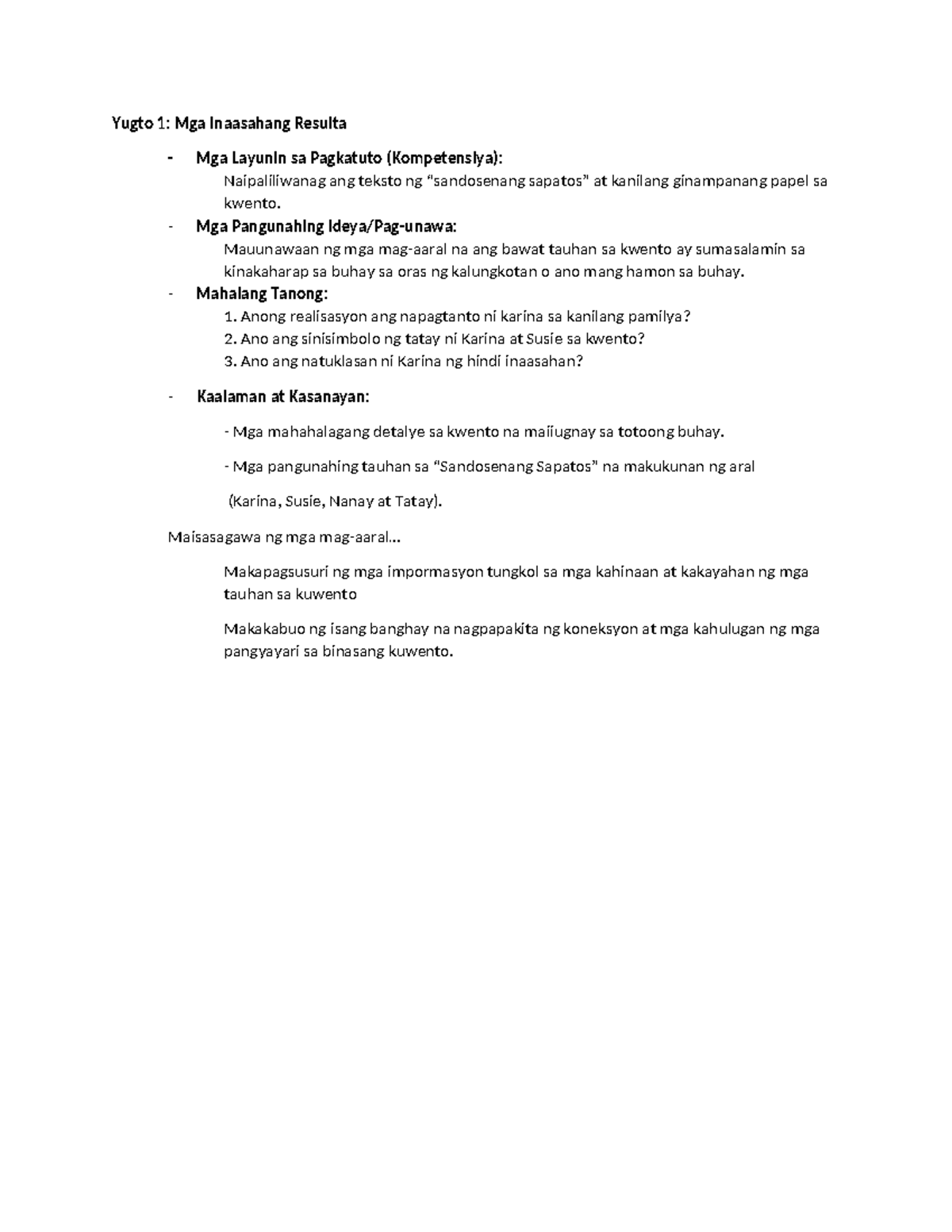 Yugto 1 - information and reliable - Yugto 1: Mga Inaasahang Resulta ...