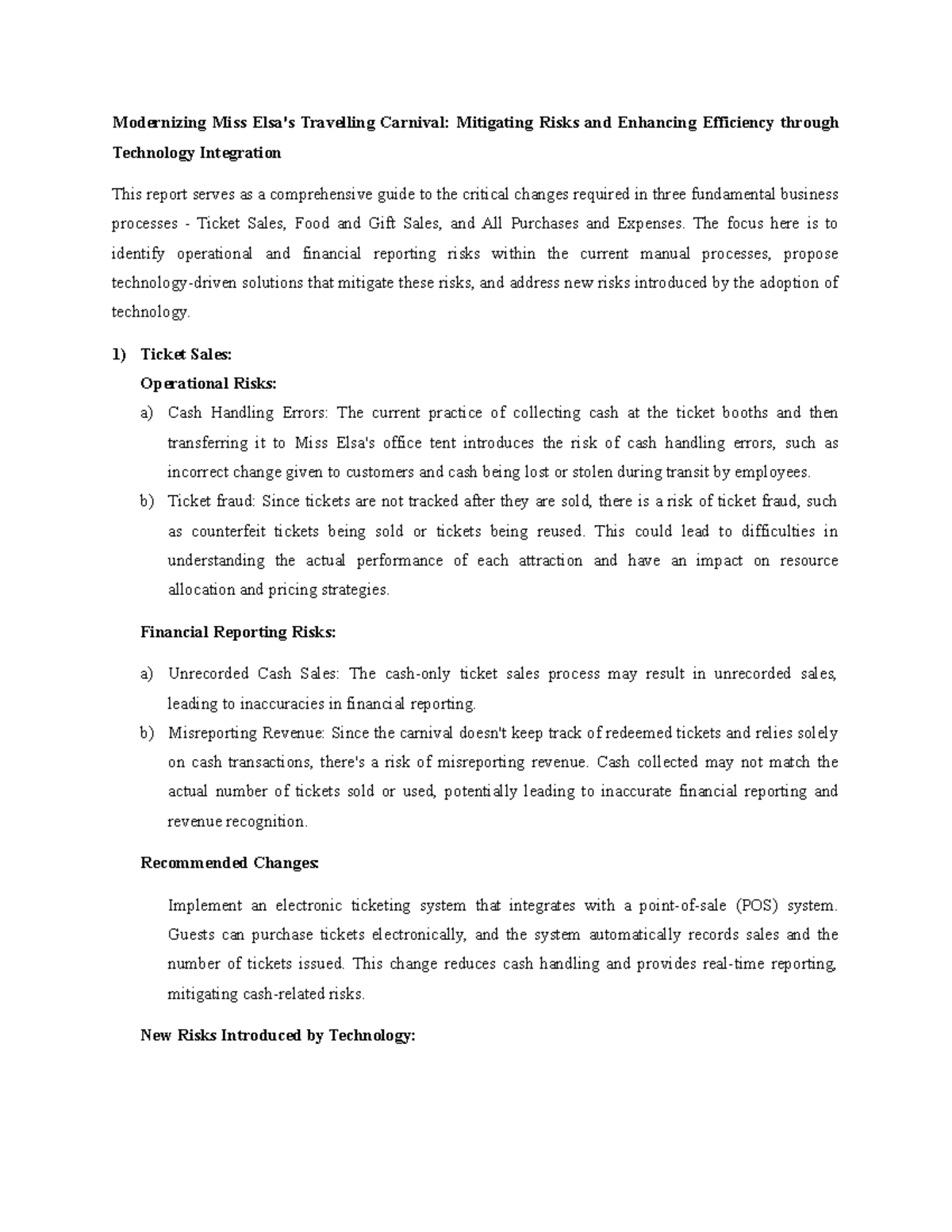 Master Section Individual Writing Assignment 1 - Modernizing Miss Elsa's Travelling Carnival ...