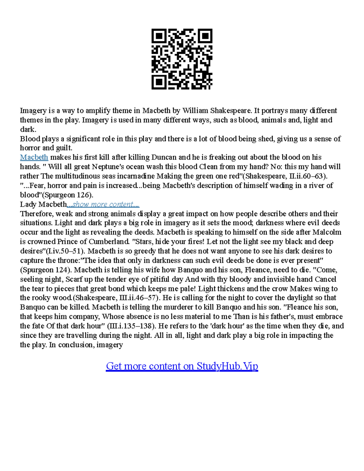 Macbeth Essays Examples - Imagery is a way to amplify theme in Macbeth ...