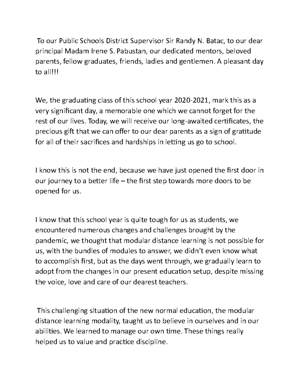 Graduation-speech - SCRIPT - To our Public Schools District Supervisor ...