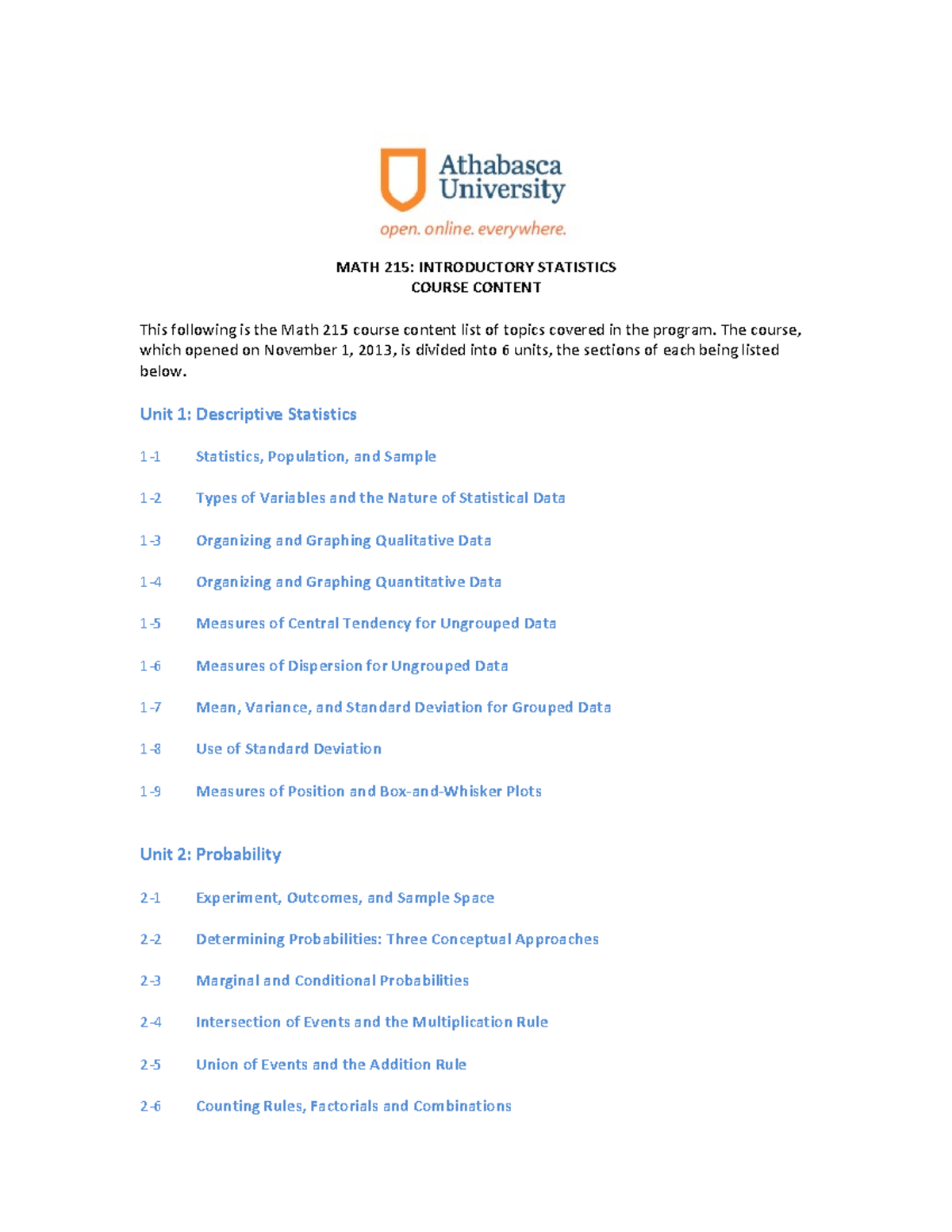Course Content Revised MATH 215 - MATH 215: INTRODUCTORY STATISTICS ...