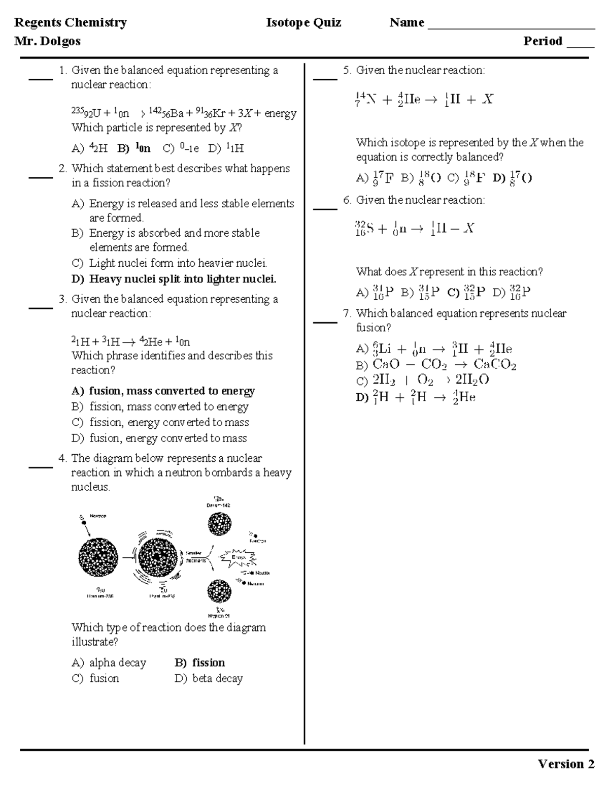 Quiz - artificial transmutation T2 - Regents Chemistry Isotope Quiz ...
