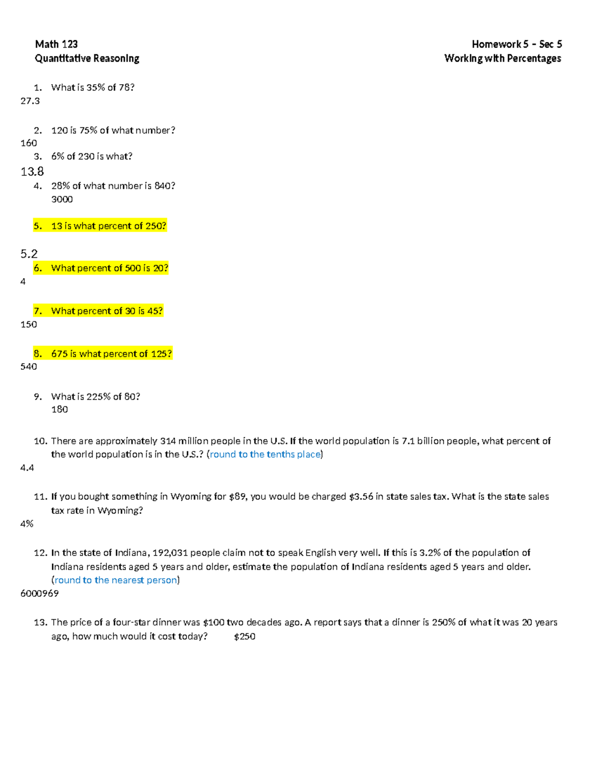HW 5 - Sec 5 Percentages - MATHEMATIC - Math 123 Homework 5 – Sec 5 ...