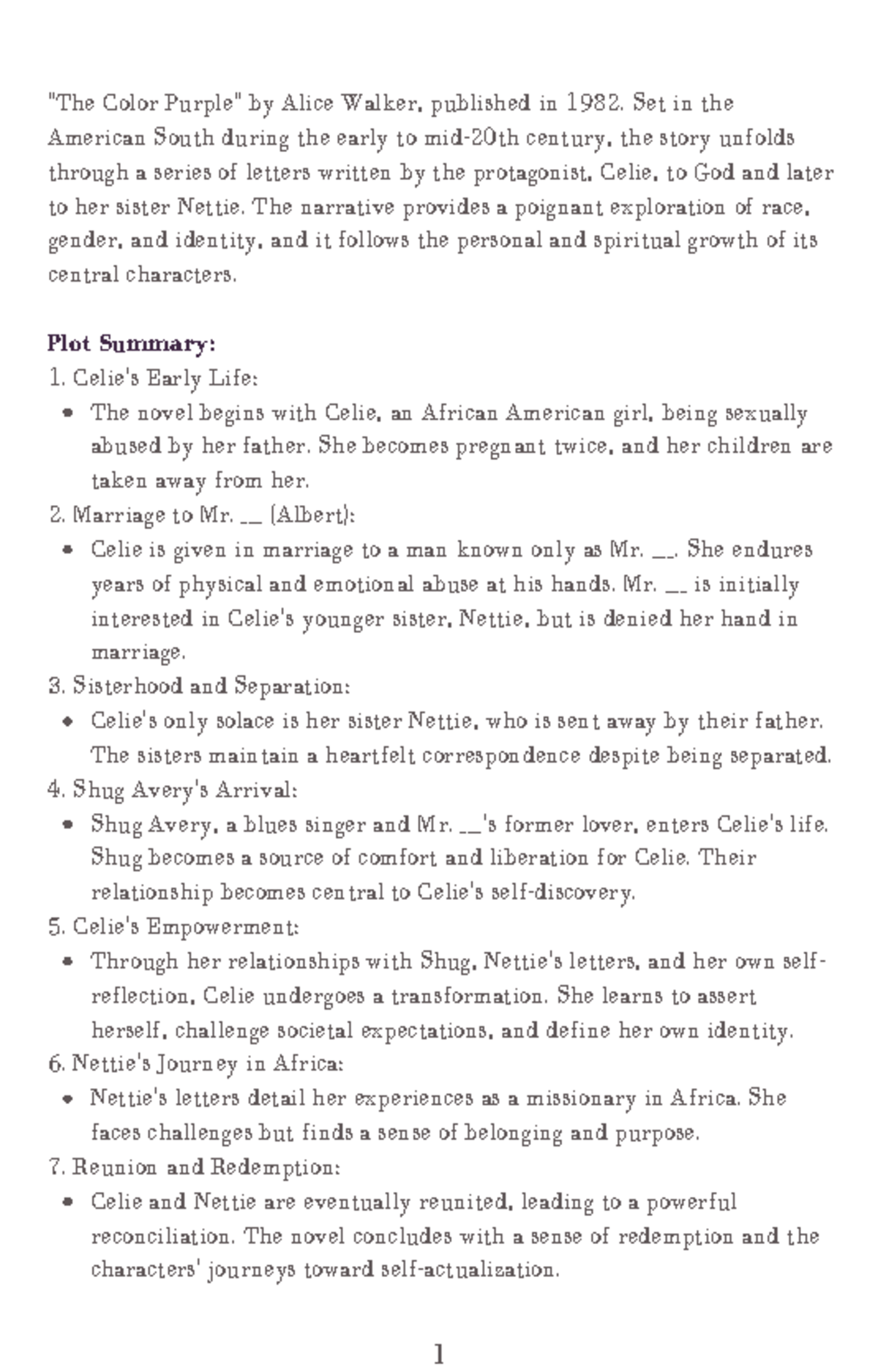 The Color Purple Revision Notes Part 1 - "The Color Purple" by Alice ...
