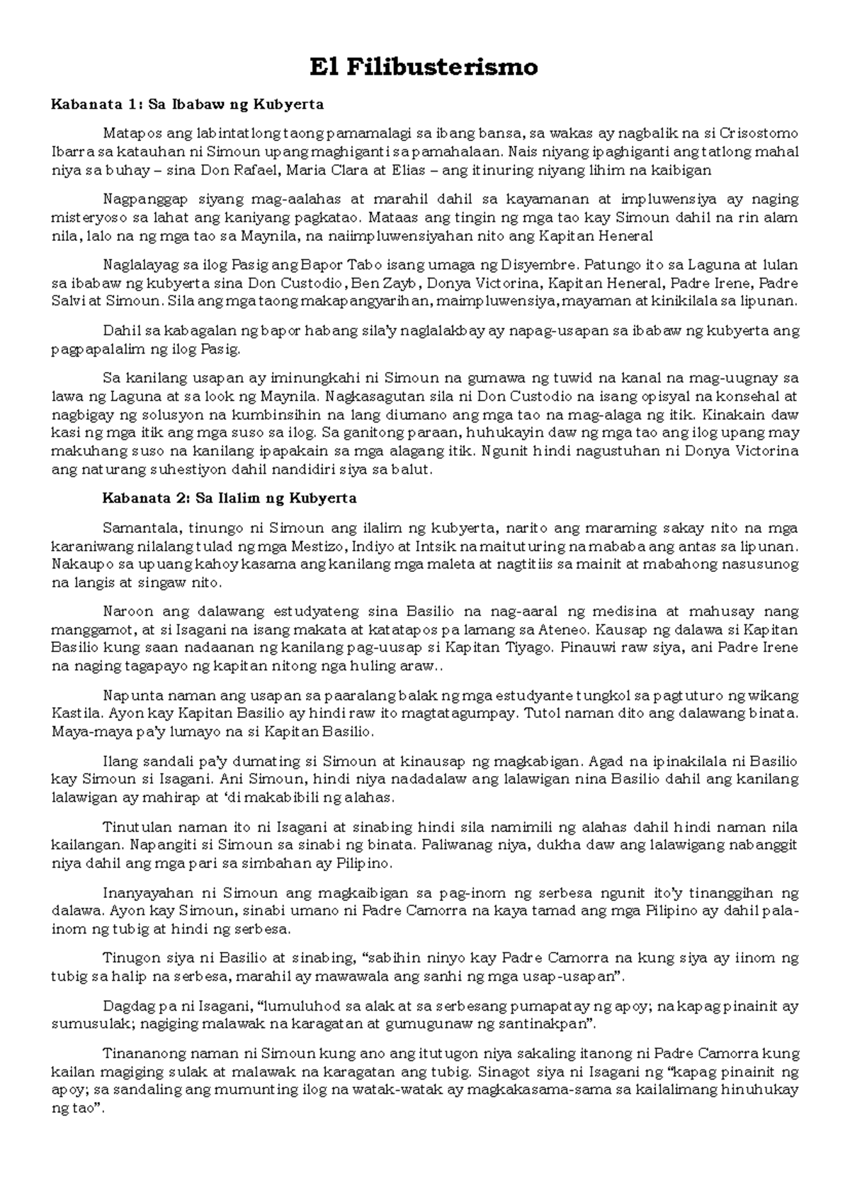 EL Filibusterismo Grade 10 Filipino 1 - El Filibusterismo Kabanata 1: Sa Ibabaw ng Kubyerta ...