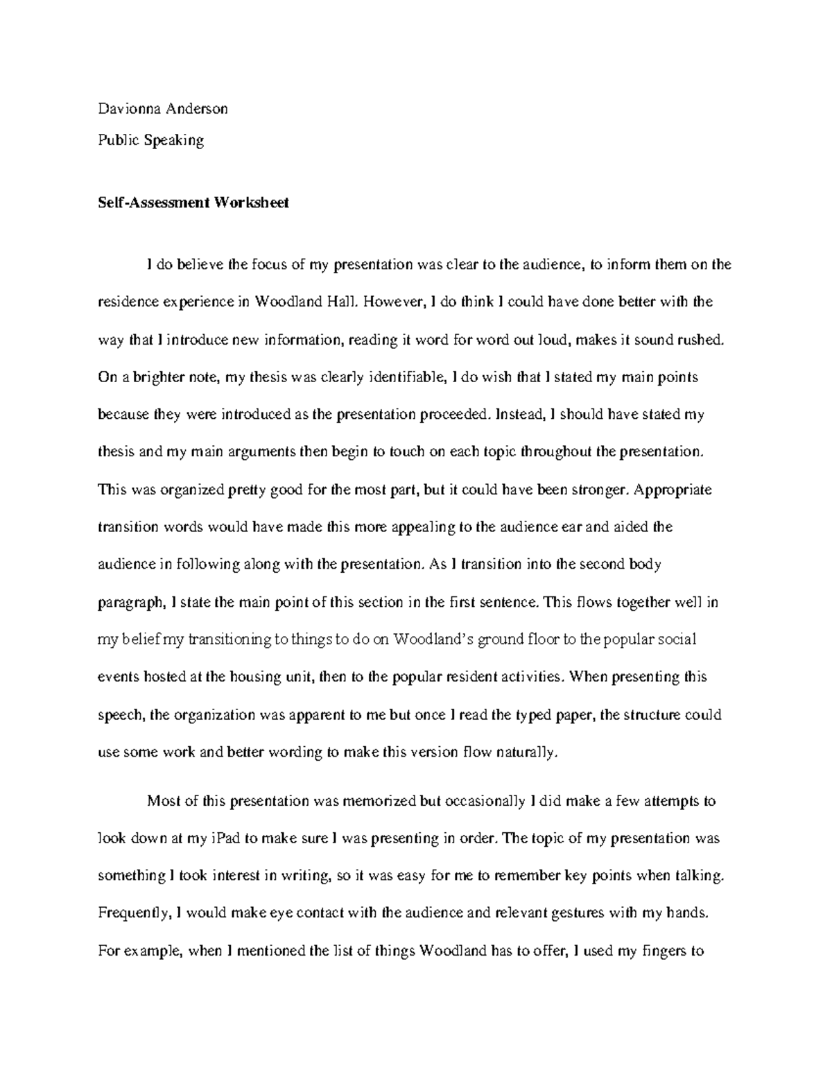 Self assessment worksheet (pub speaking) - Davionna Anderson Public ...