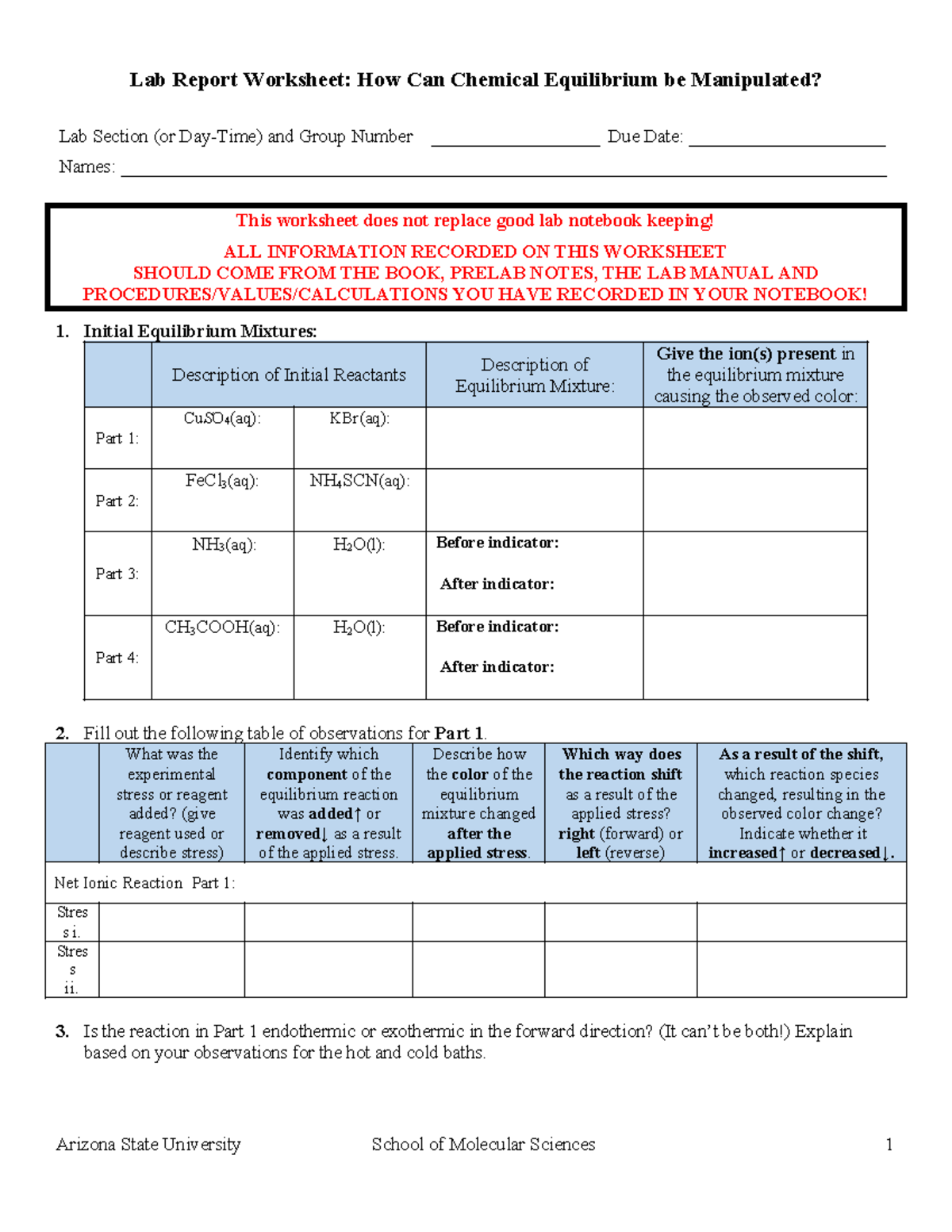 Equilibrium Worsheet v Sum17v2 - Lab Report Worksheet: How Can Chemical ...