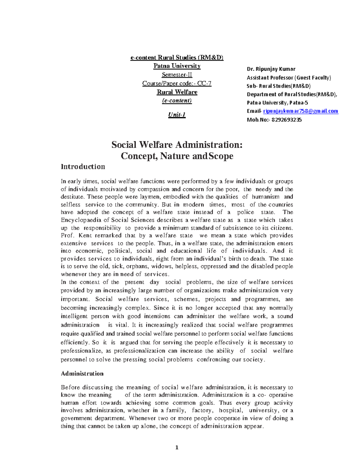 Social Welfare Adminitration- nature, scope, concept - e-content Rural Studies (RM&D) Patna ...