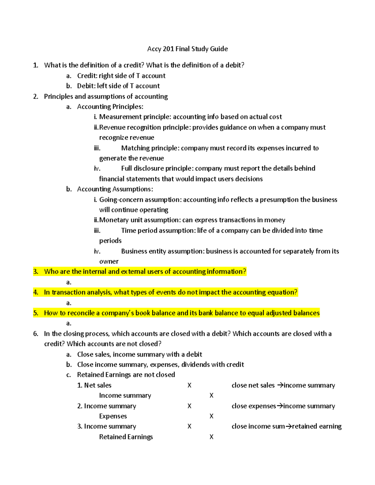 Accounting Study Guide - Accy 201 Final Study Guide 1. - Studocu