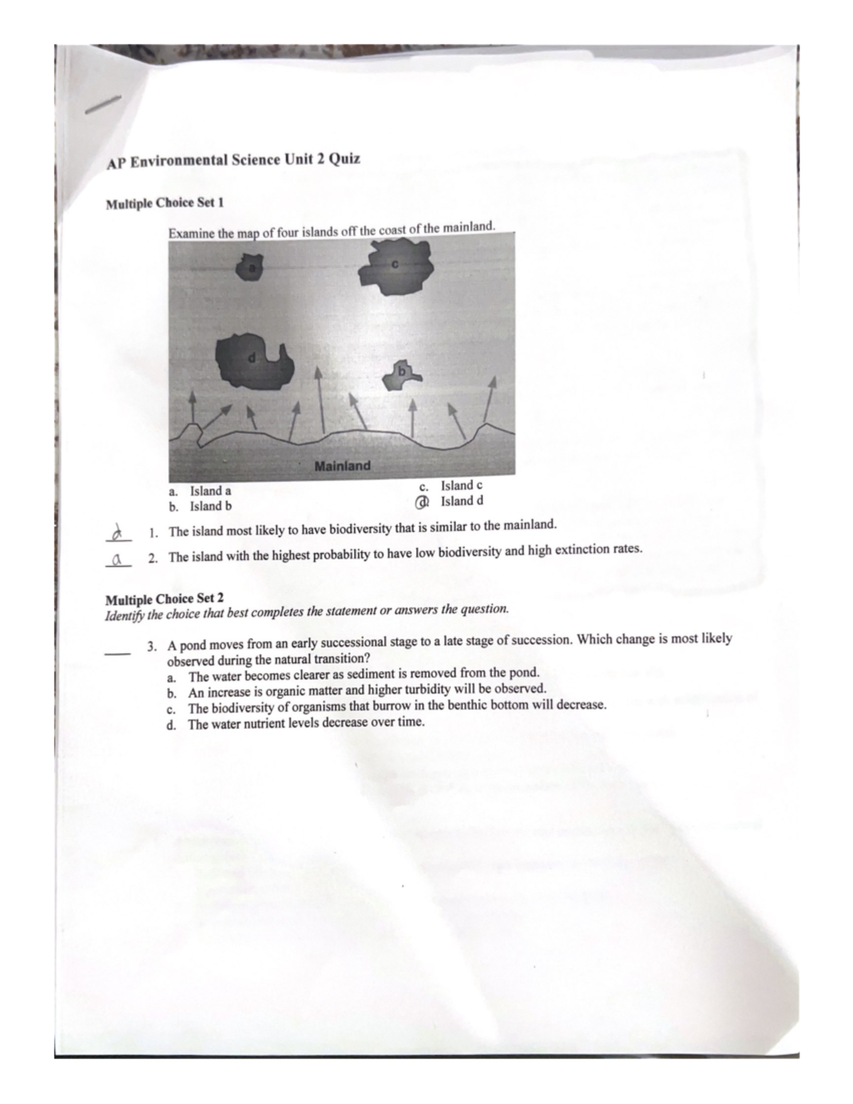 AP Environmental Science Unit 2 Quiz - d b Mainland a. Island a c ...