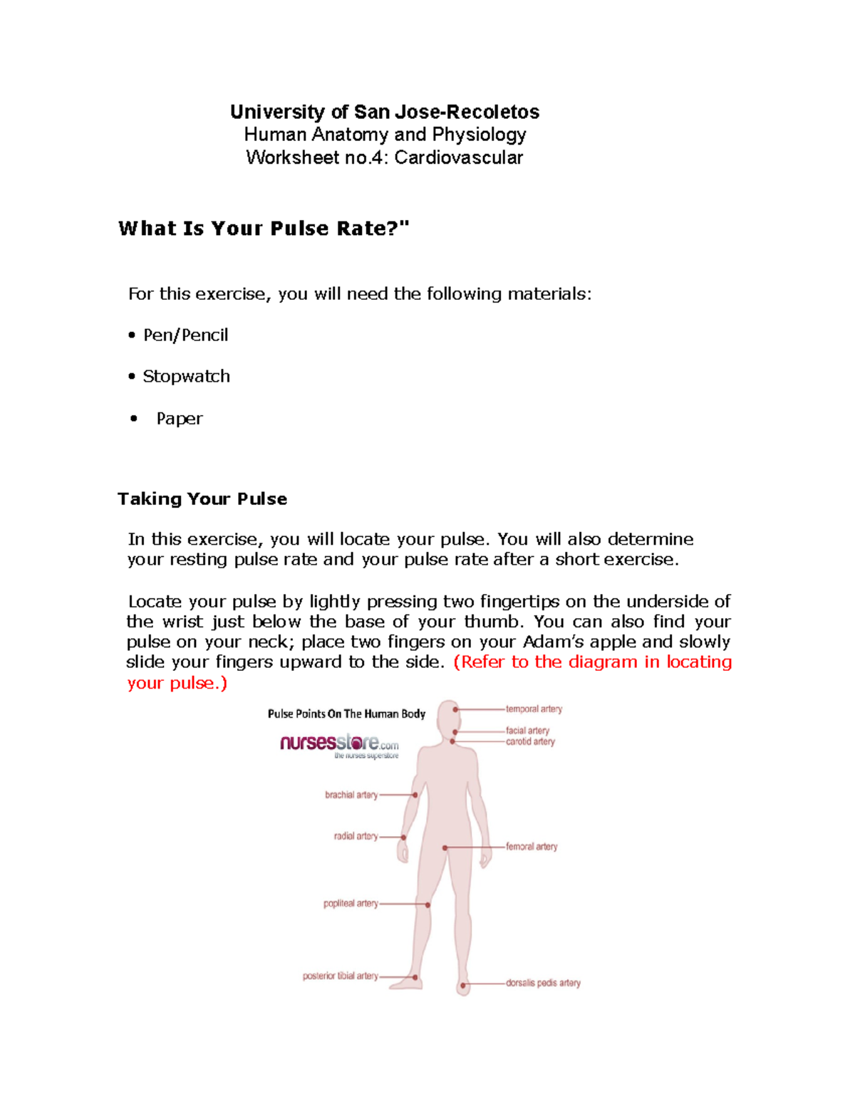 Worksheet no.4 Pulse rate activity Millan - University of San Jose ...