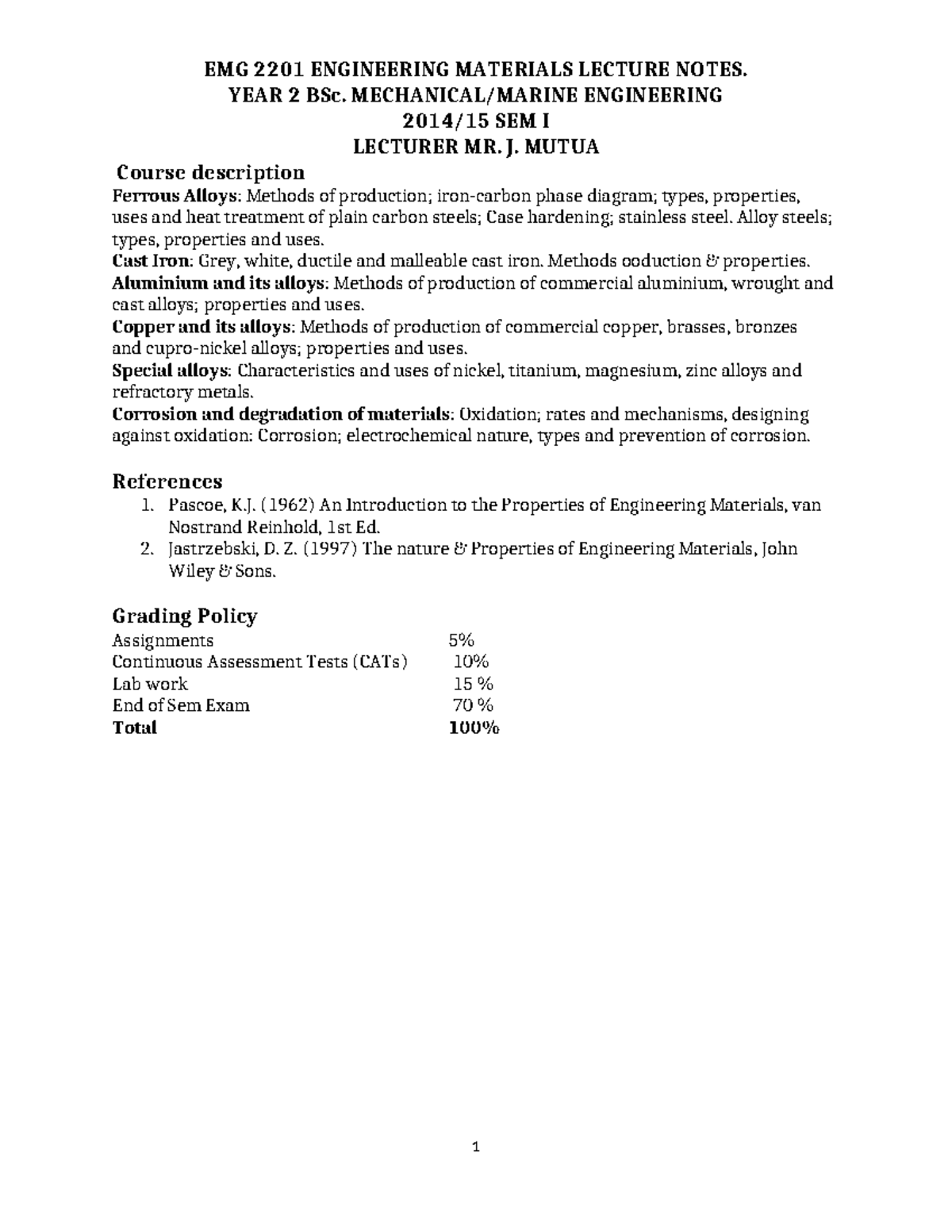 Engineering Materials Lecture Notes - YEAR 2 BSc. MECHANICAL/MARINE ...