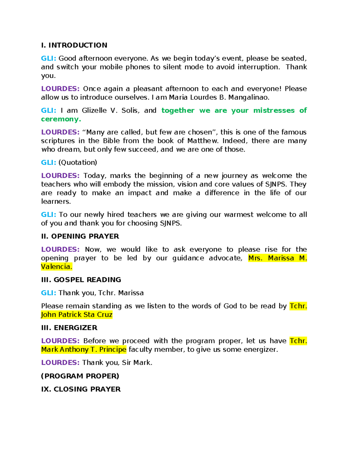 Teacher- Induction- Script - I. INTRODUCTION GLI: Good afternoon ...