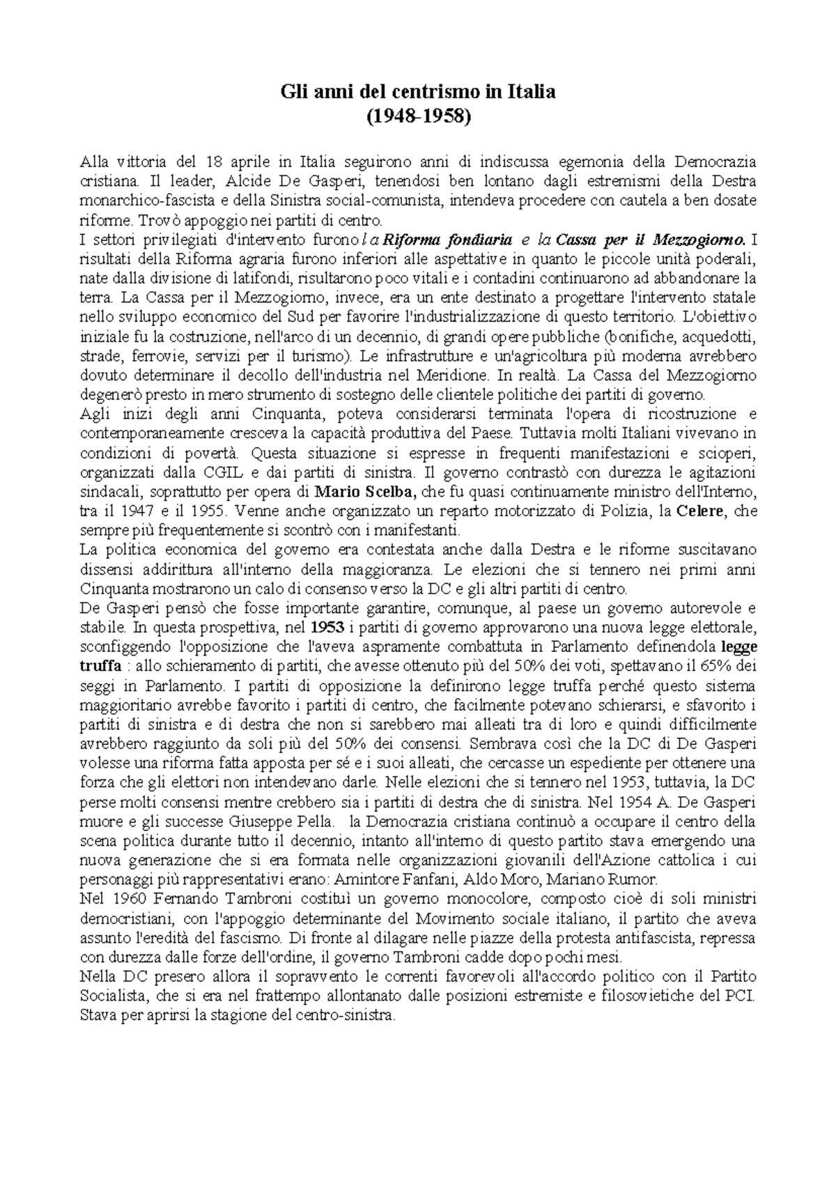 Il Centrismo - Riassunto argomento di storia italiana del ventesimo ...