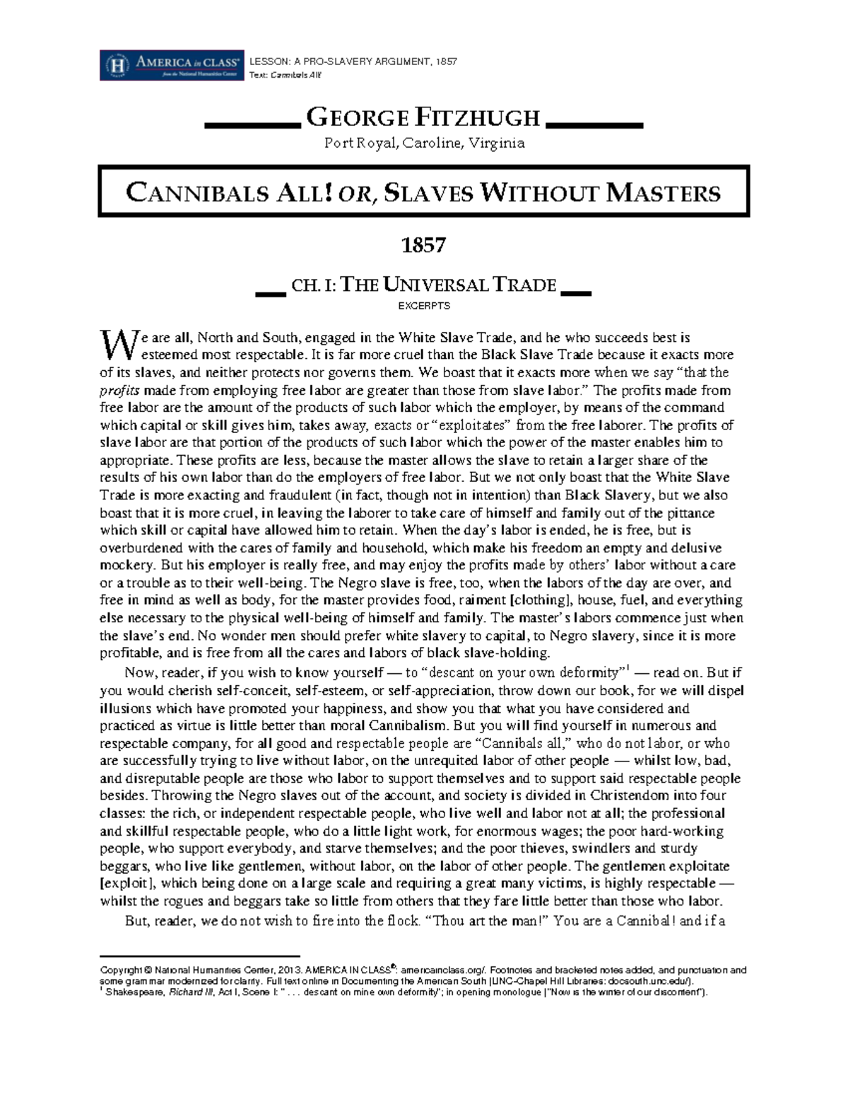 315K 6.3 Before Class Reading Fitzhugh Excerpts - LESSON: A PRO-SLAVERY ...