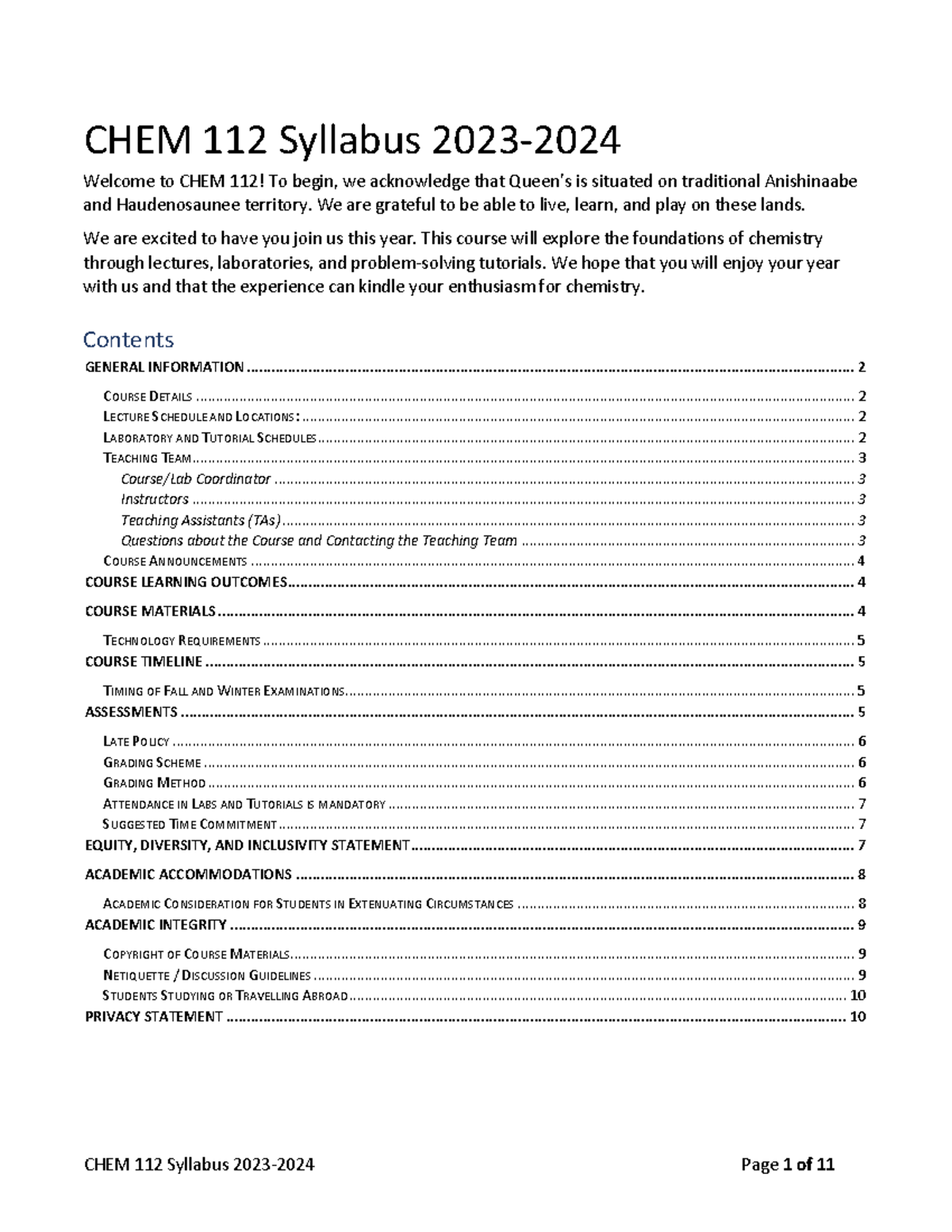 Syllabus 2023-09-01 v4 - Welcome to CHEM 112! To begin, we acknowledge that Queen’s is situated ...