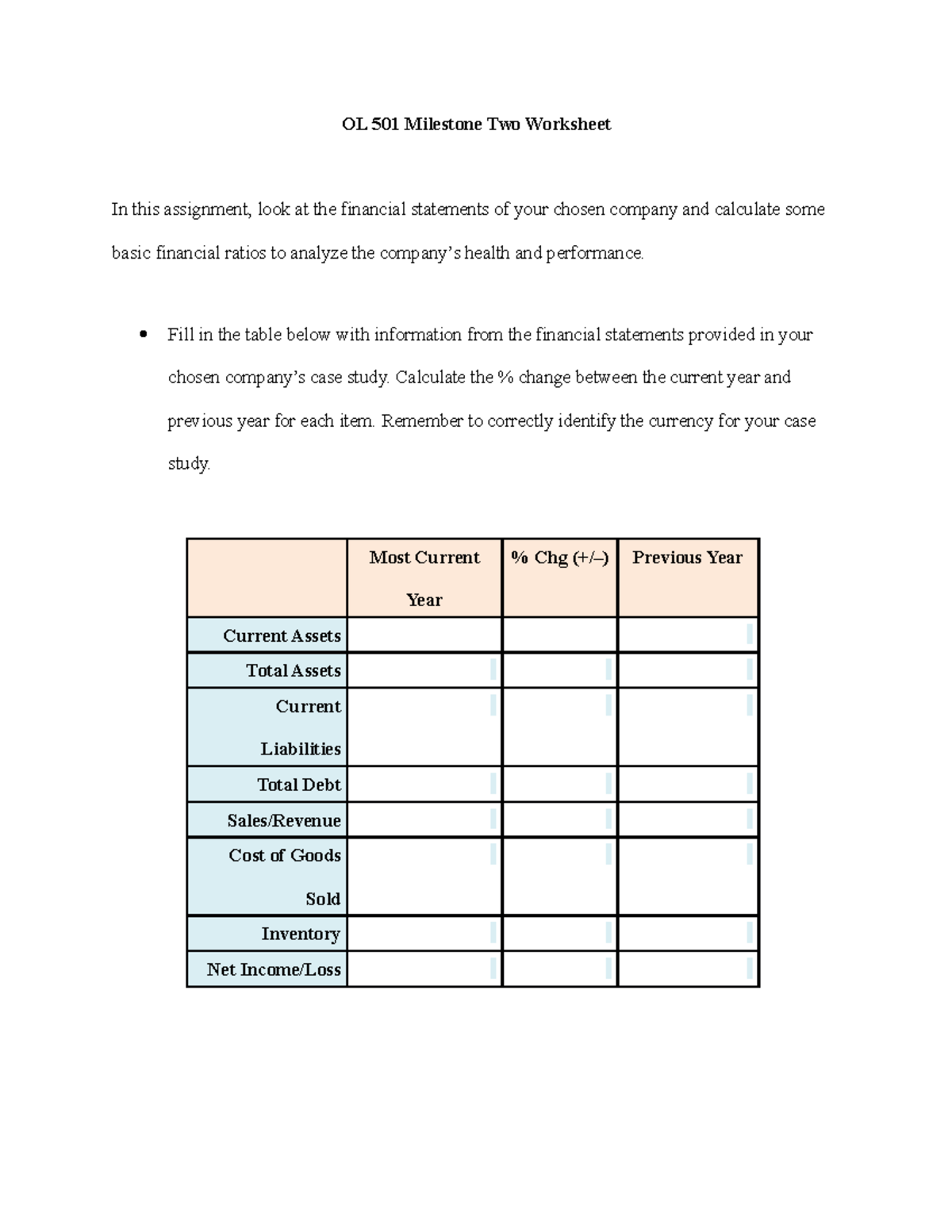 Ol501 milestone 2 worksheet template - OL 501 Milestone Two Worksheet In this assignment, look ...