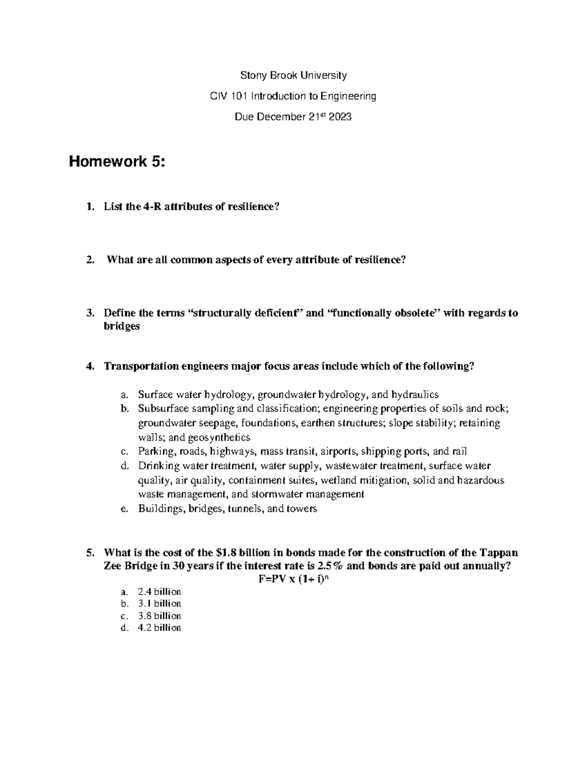 Homework 5 - Stony Brook University CIV 101 Introduction to Engineering ...